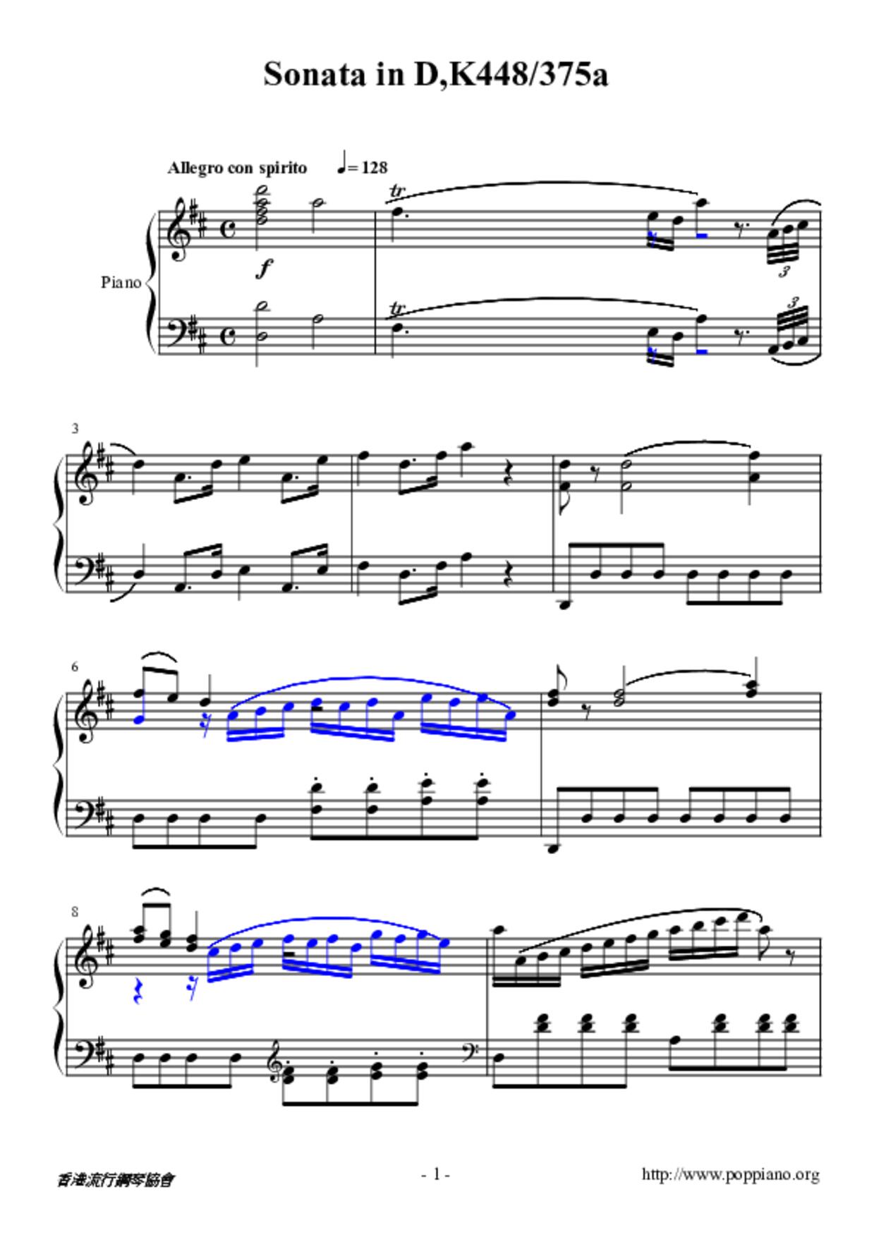 Wolfgang Amadeus Mozart-Sonata in D 1st Movement K448 琴譜/五線譜pdf-香港流行鋼琴協會琴譜下載 ★