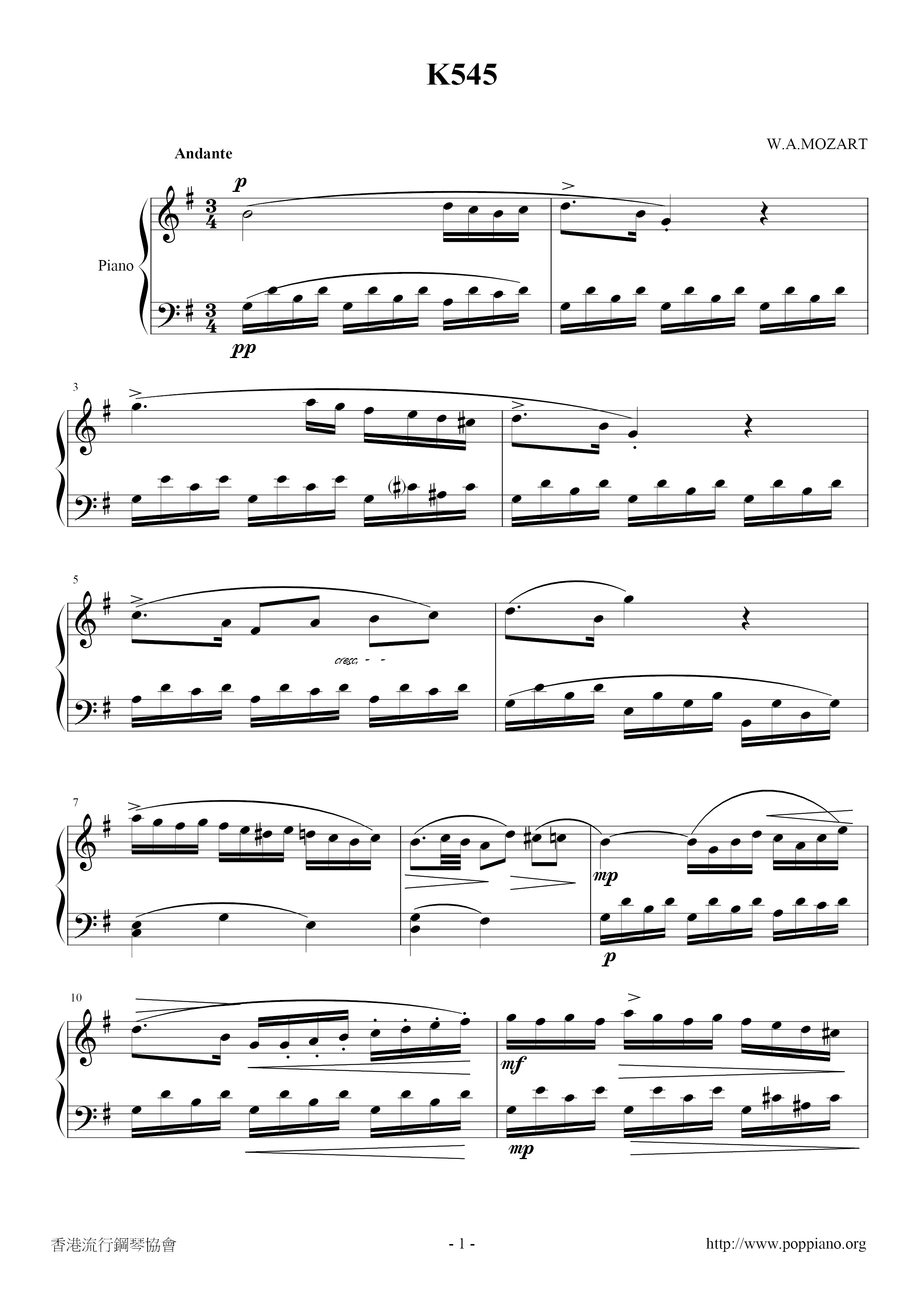 Mozart Piano Sonata No 16 K 545 2nd Movt Sheet Music Pdf Free