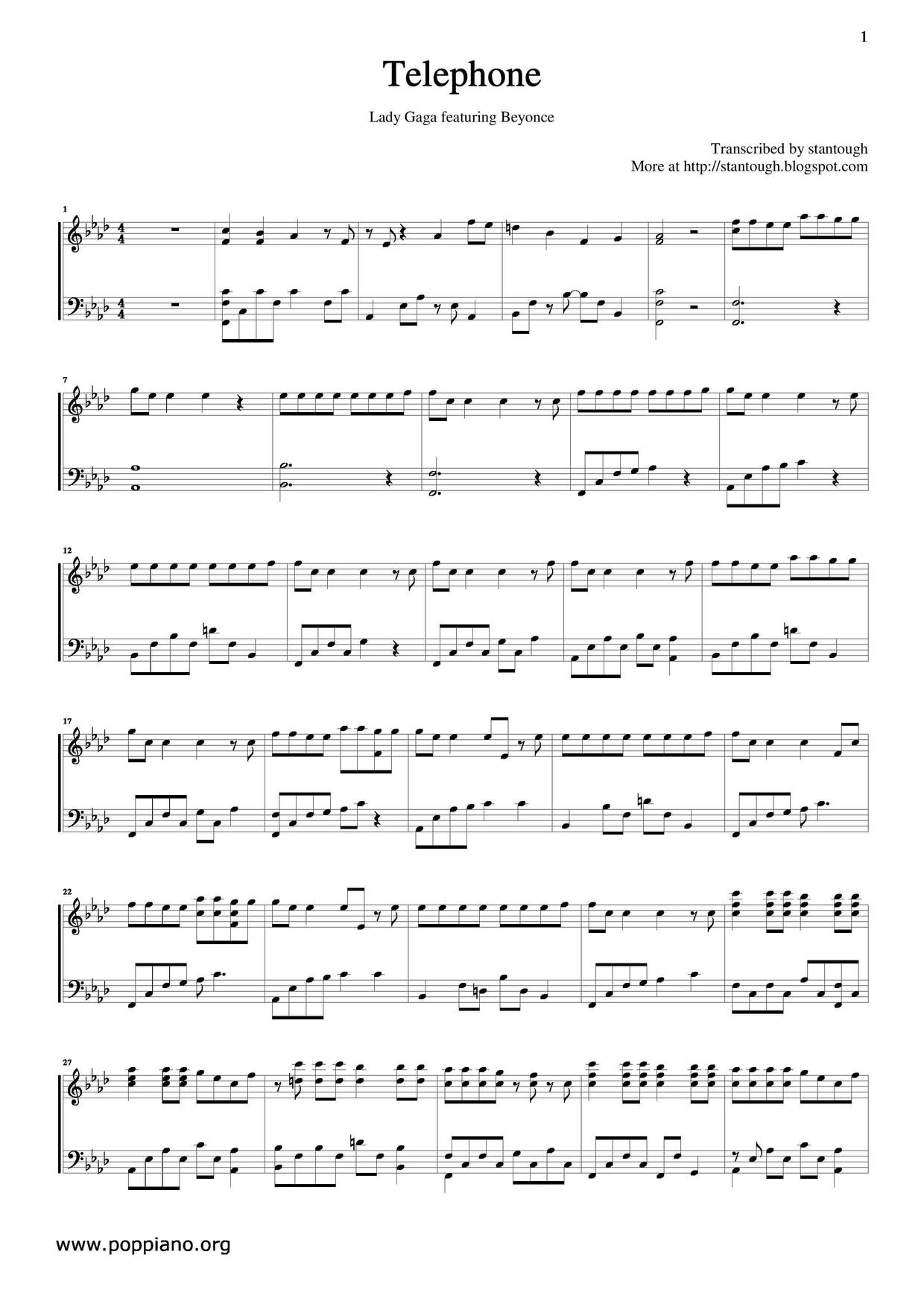 TelephoneAll Versions - Sheet Music / Piano Score Free PDF Download ...