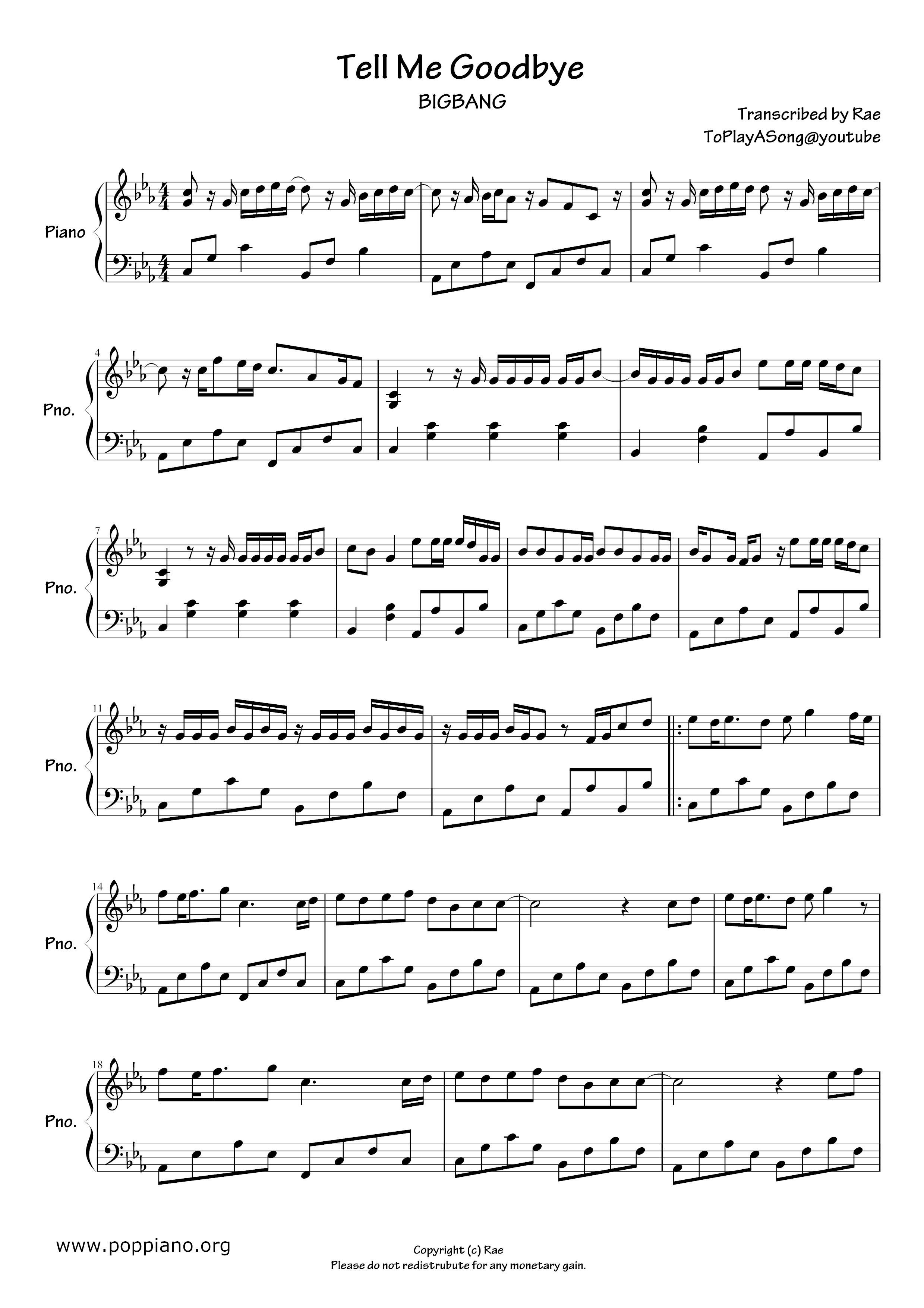 Big Bang-Tell me goodbye 琴譜/五線譜pdf (빅뱅)-香港流行鋼琴協會琴譜下載 ★