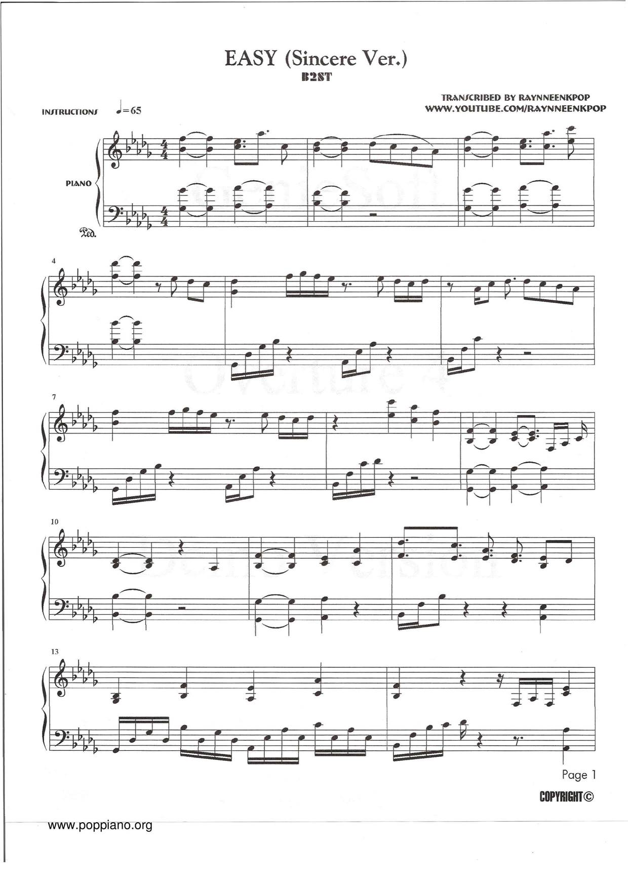 Easy | Sheet Music | Piano Score Free PDF Download | POPPIANO.ORG