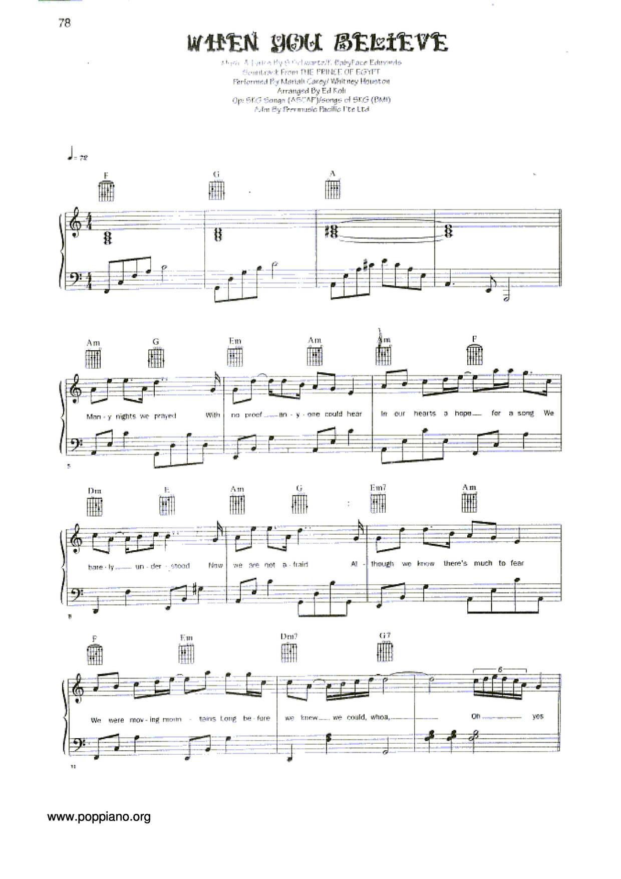 when you believe - from the prince of egypt - Sheet Music / Piano Score ...