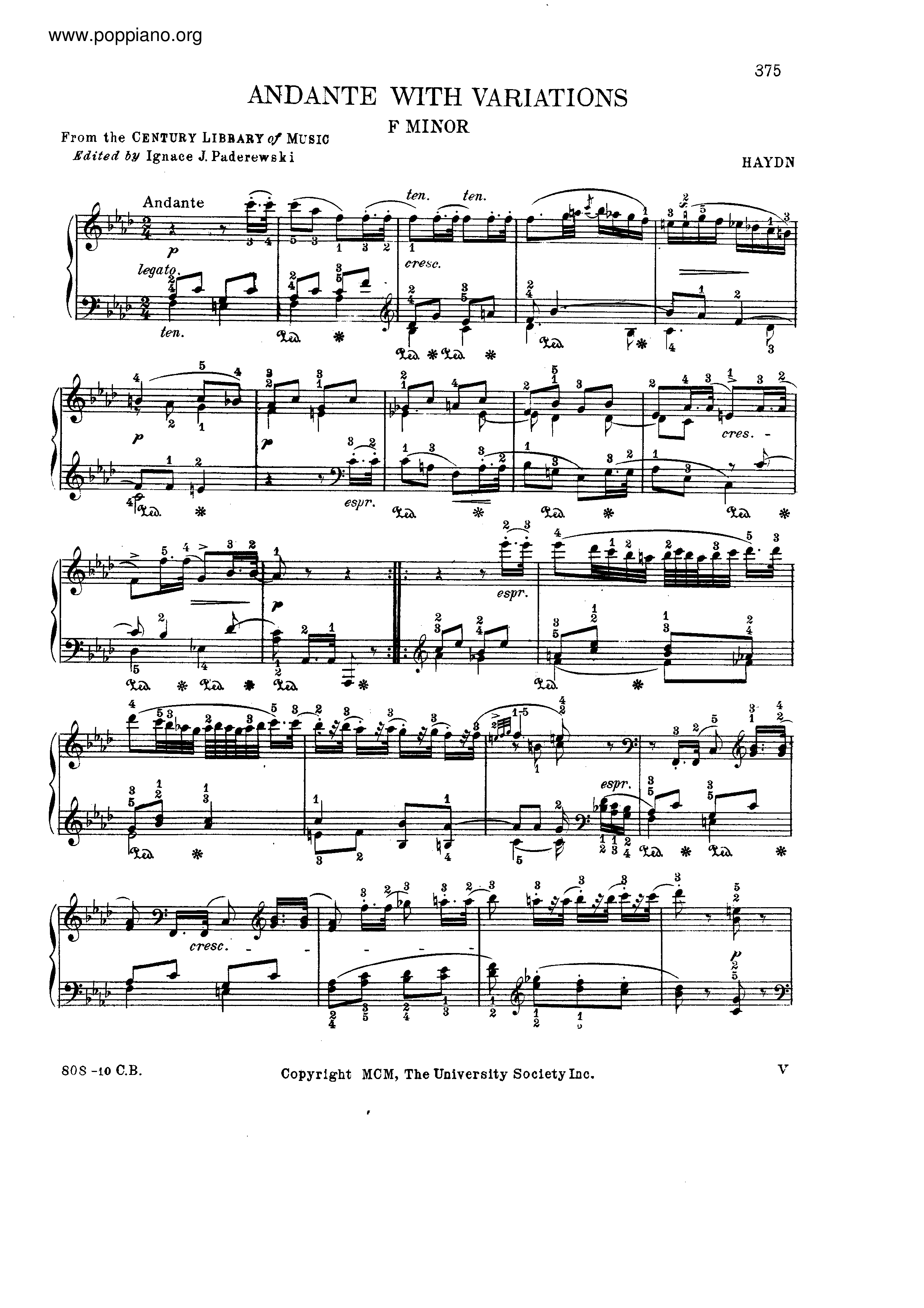 Haydn-Andante With Variations In F Minor Sheet Music pdf, - Free Score ...