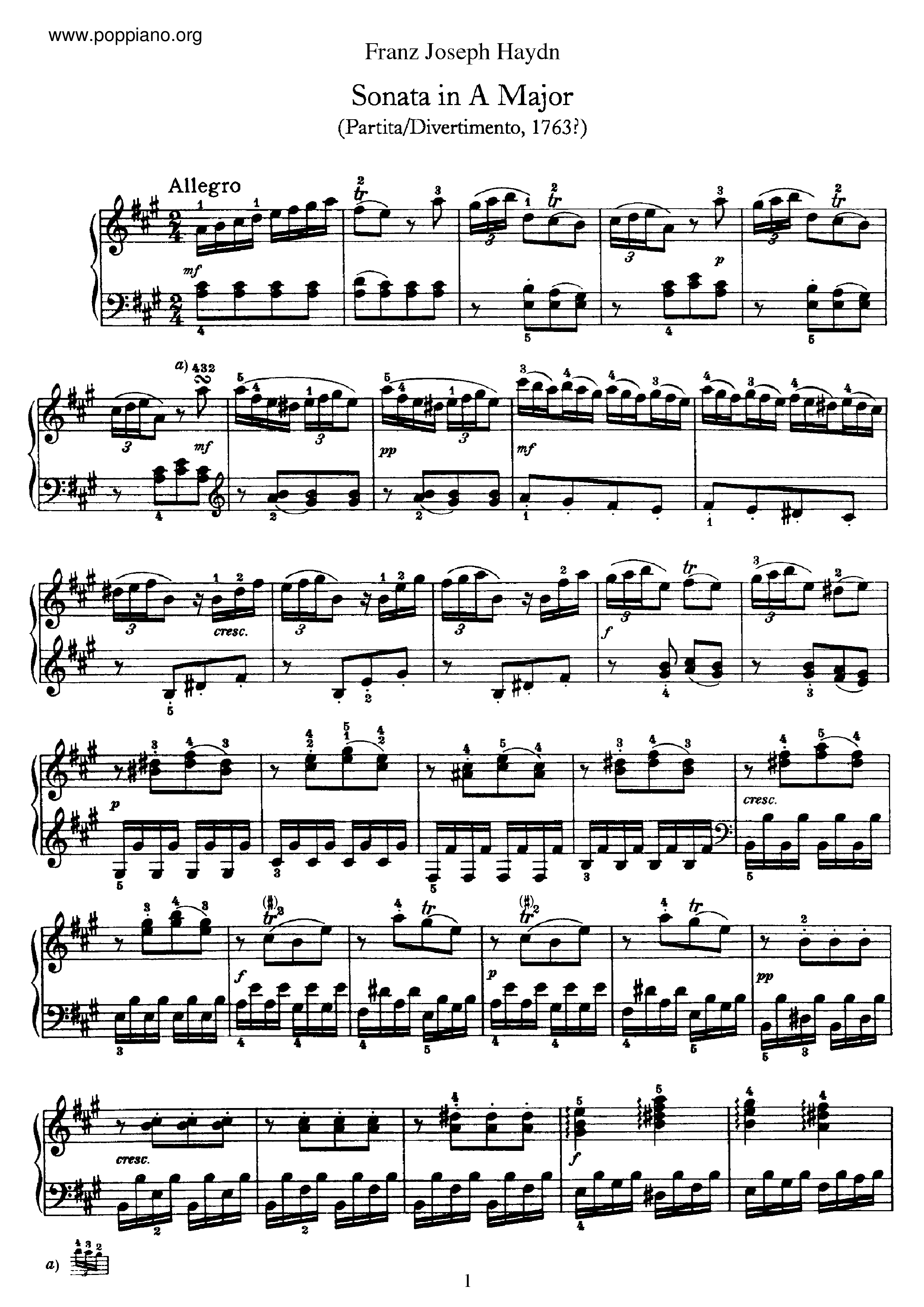 Haydn-Sonata No.5 in A major Sheet Music pdf, - Free Score Download ★