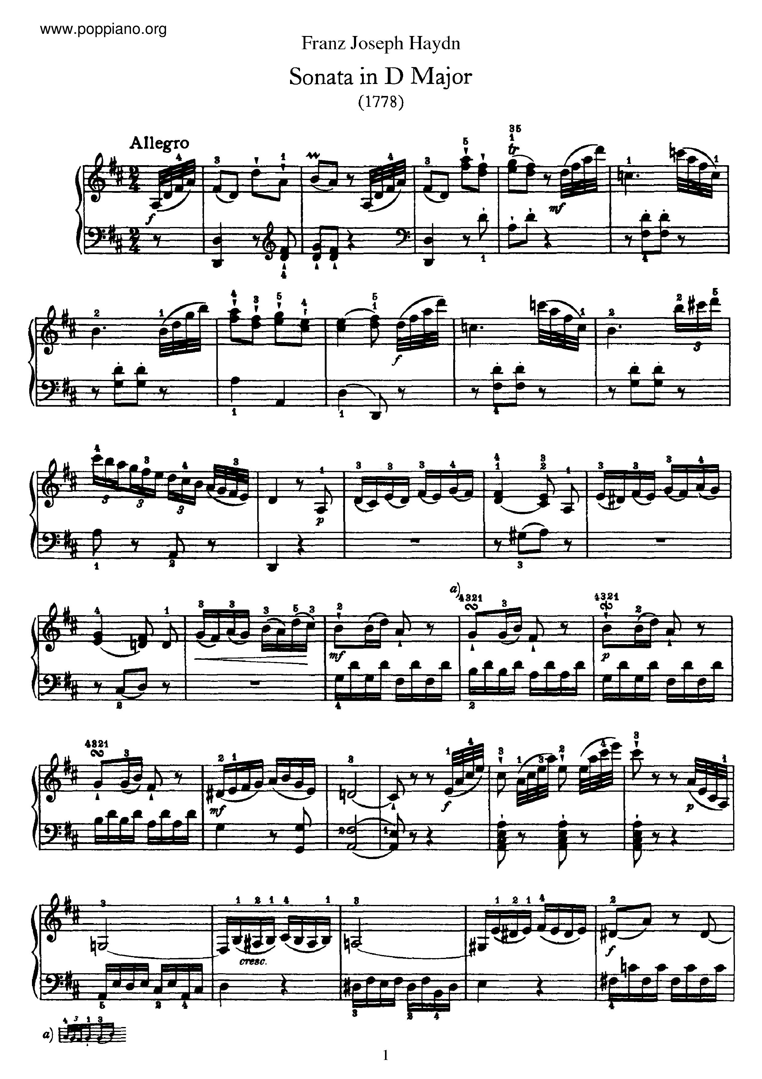 Haydn-Sonata No.33 in D major Sheet Music pdf, - Free Score Download ★