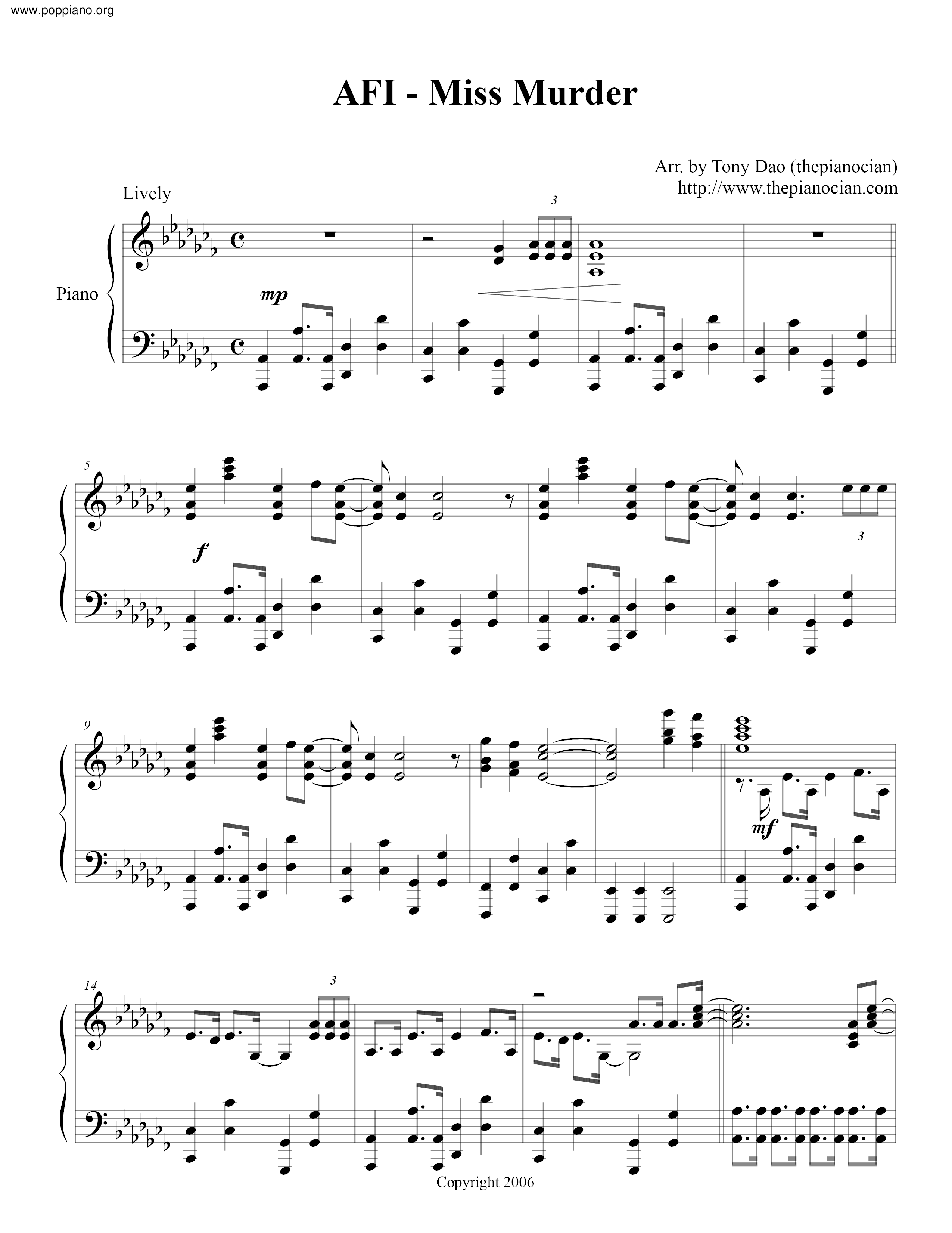 ★Afi - Miss Murder ピアノ譜pdf- 香港ポップピアノ協会 無料PDF楽譜ダウンロード gakufu