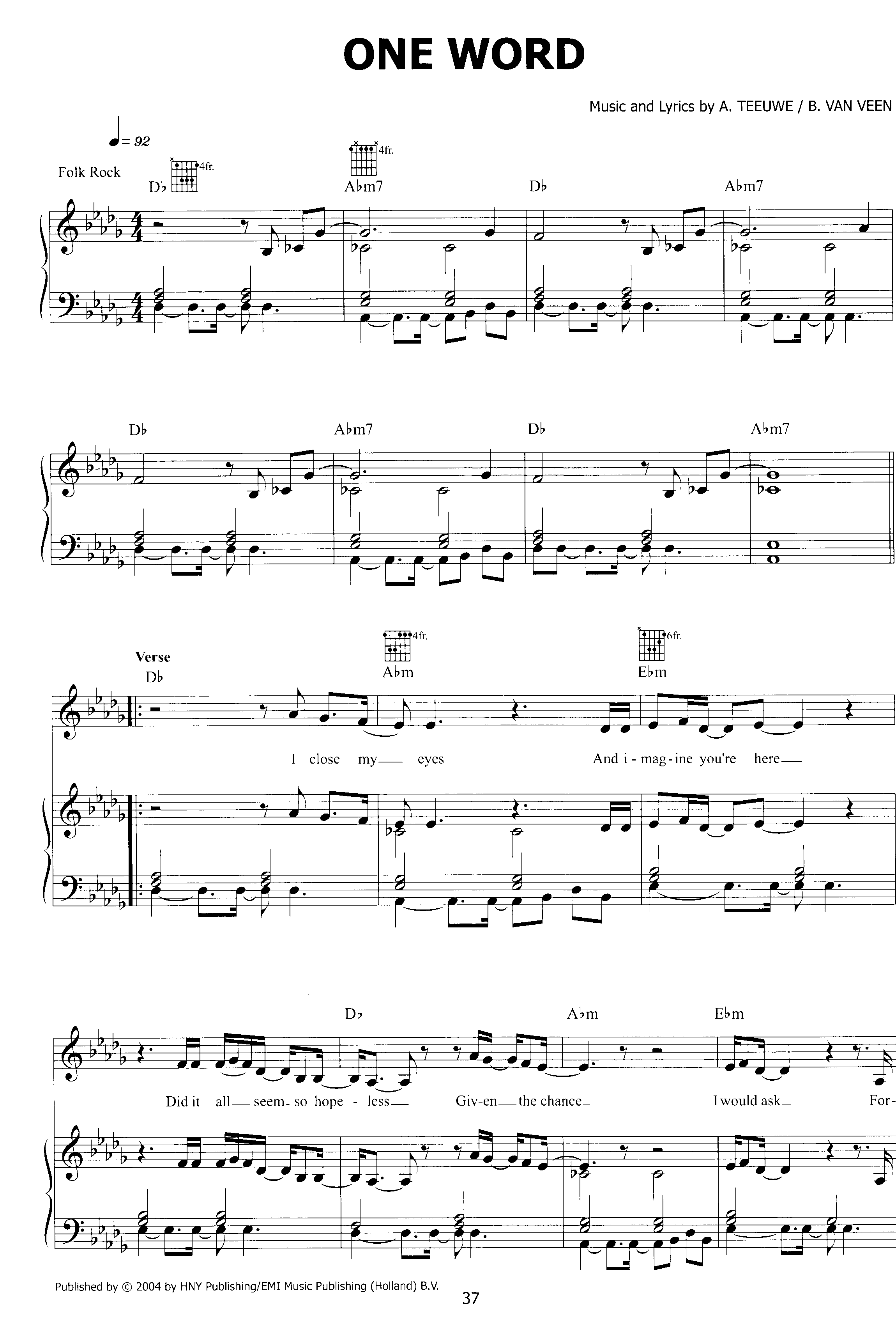 Anouk-One Word Sheet Music pdf, - Free Score Download ★