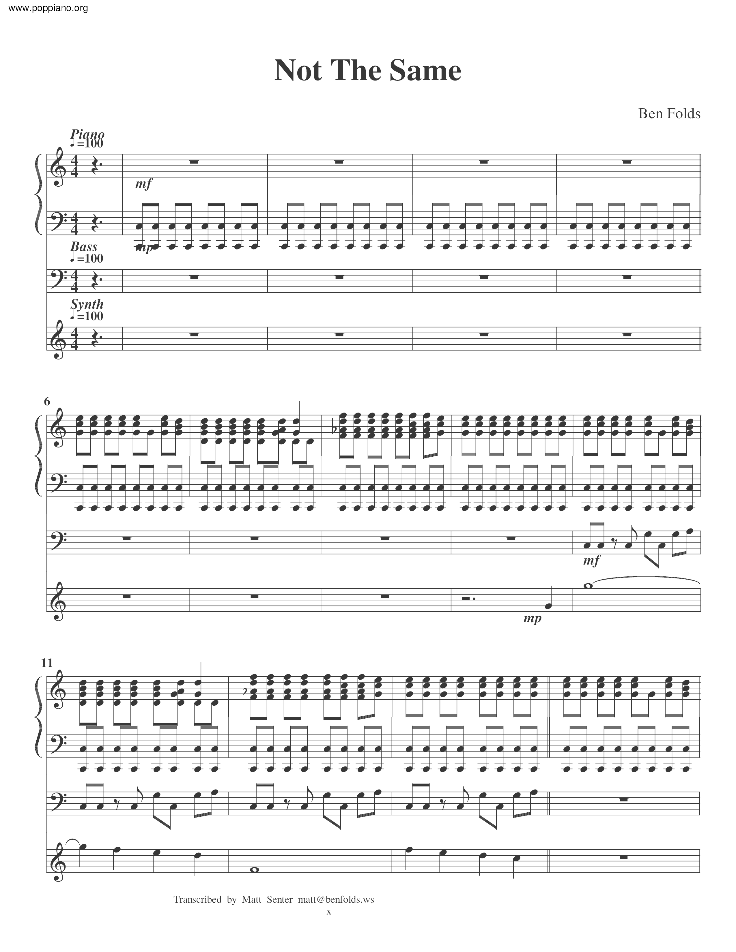 Ben Folds-Not The Same Sheet Music pdf, - Free Score Download ★