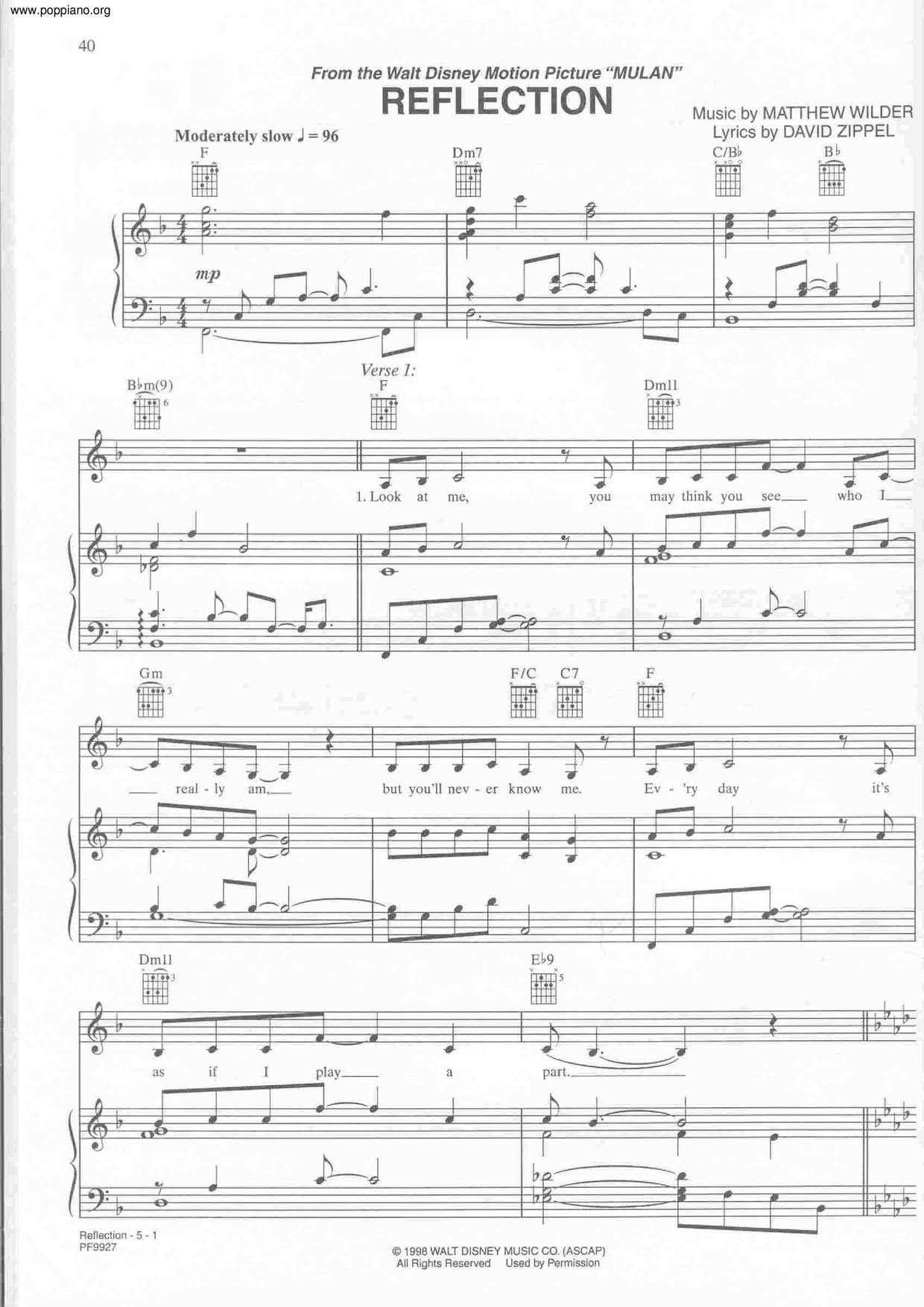 Mulan - ReflectionAll Versions - Sheet Music / Piano Score Free PDF ...