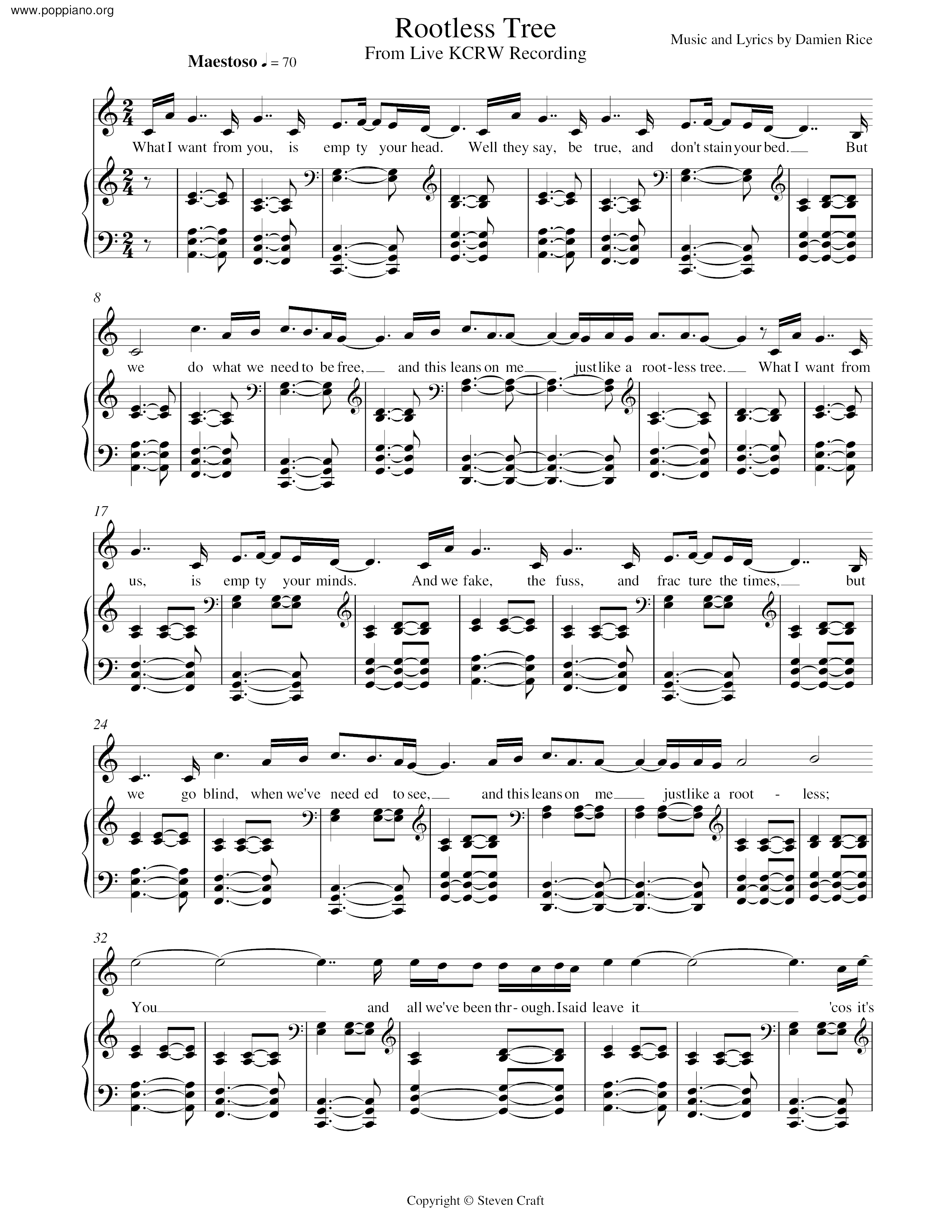 ★Damien Rice - Rootless Tree ピアノ譜pdf- 香港ポップピアノ協会 無料PDF楽譜ダウンロード gakufu