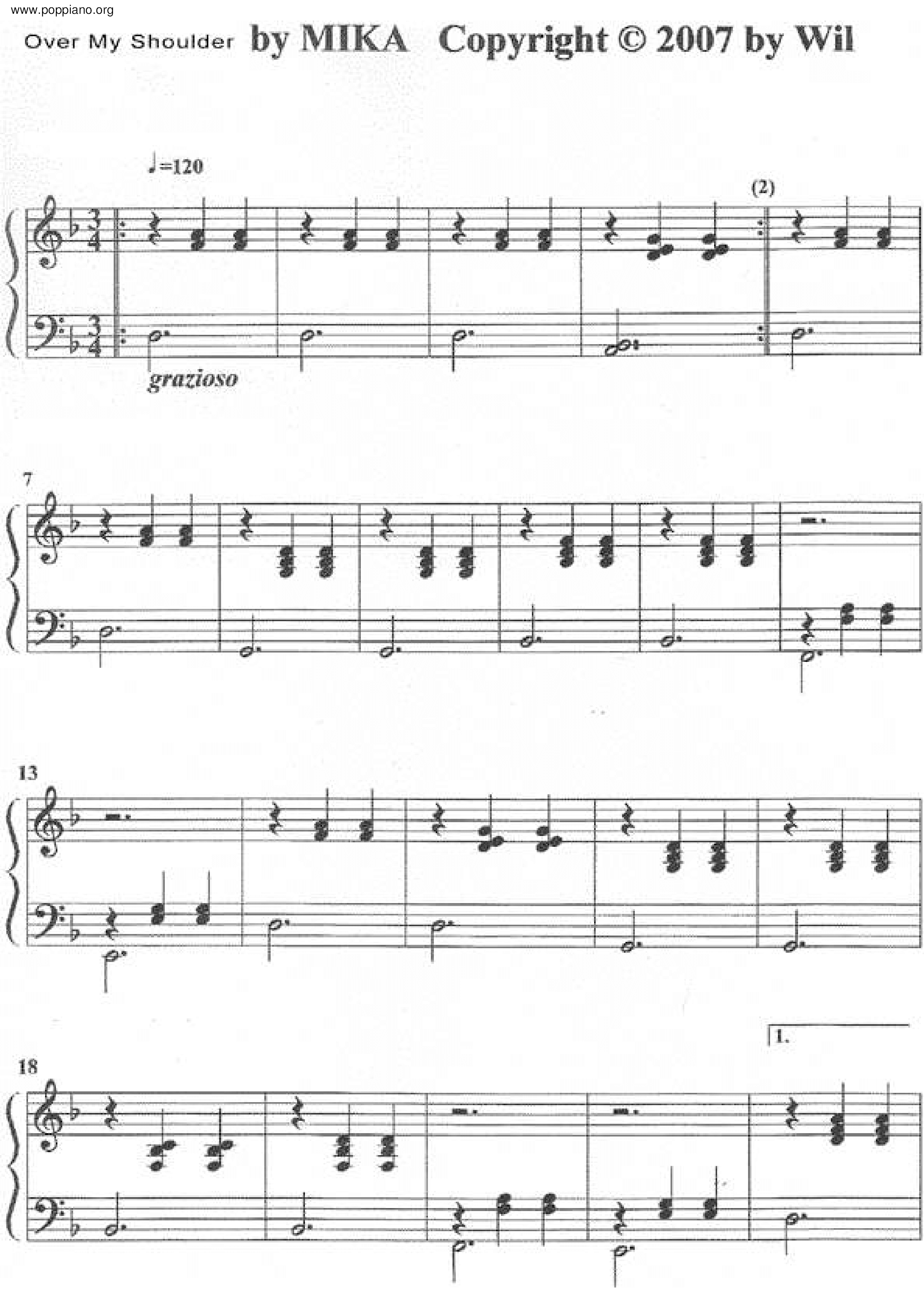 Mika-Over My Shoulder Sheet Music pdf, - Free Score Download ★