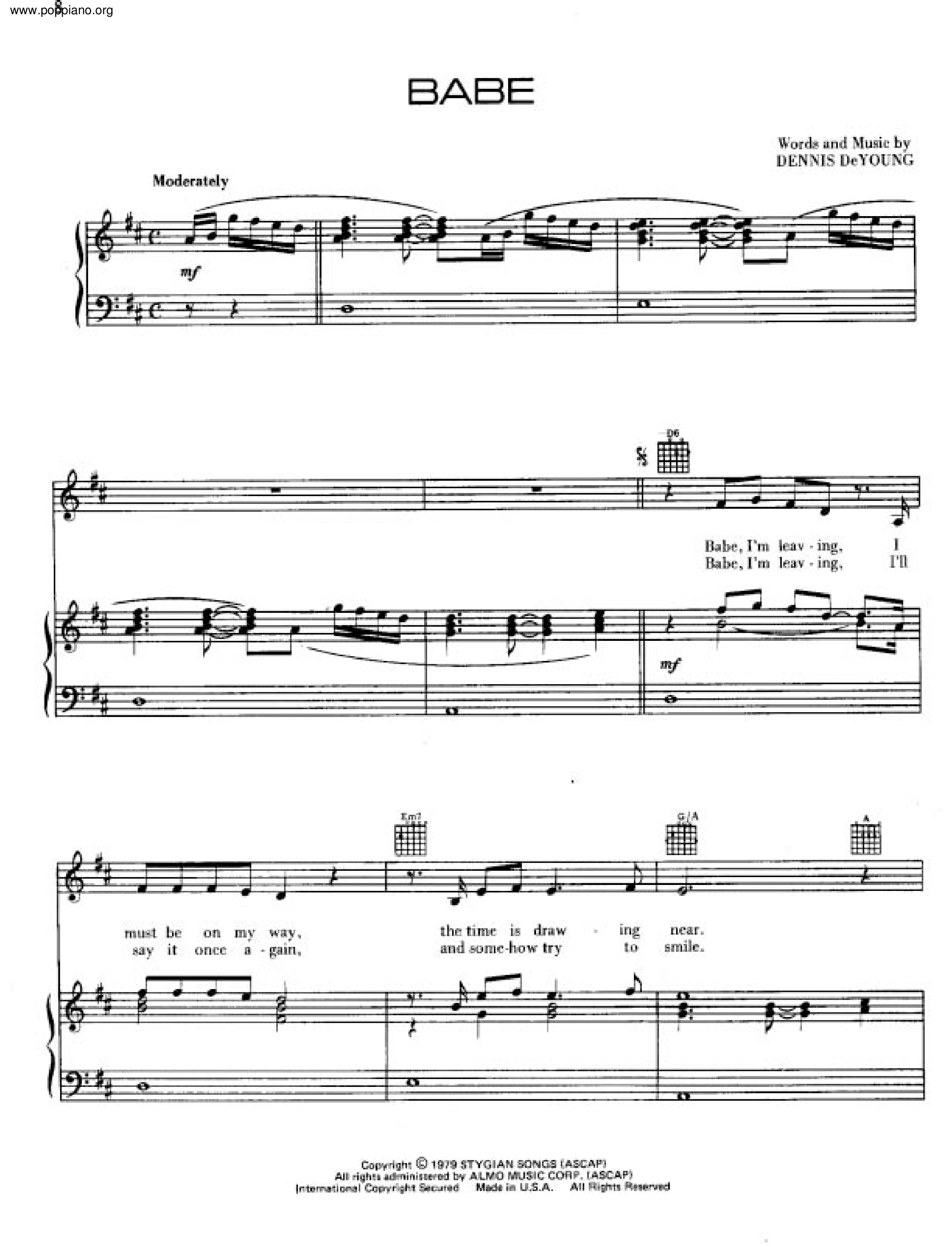Styx-Babe Sheet Music pdf, - Free Score Download ★