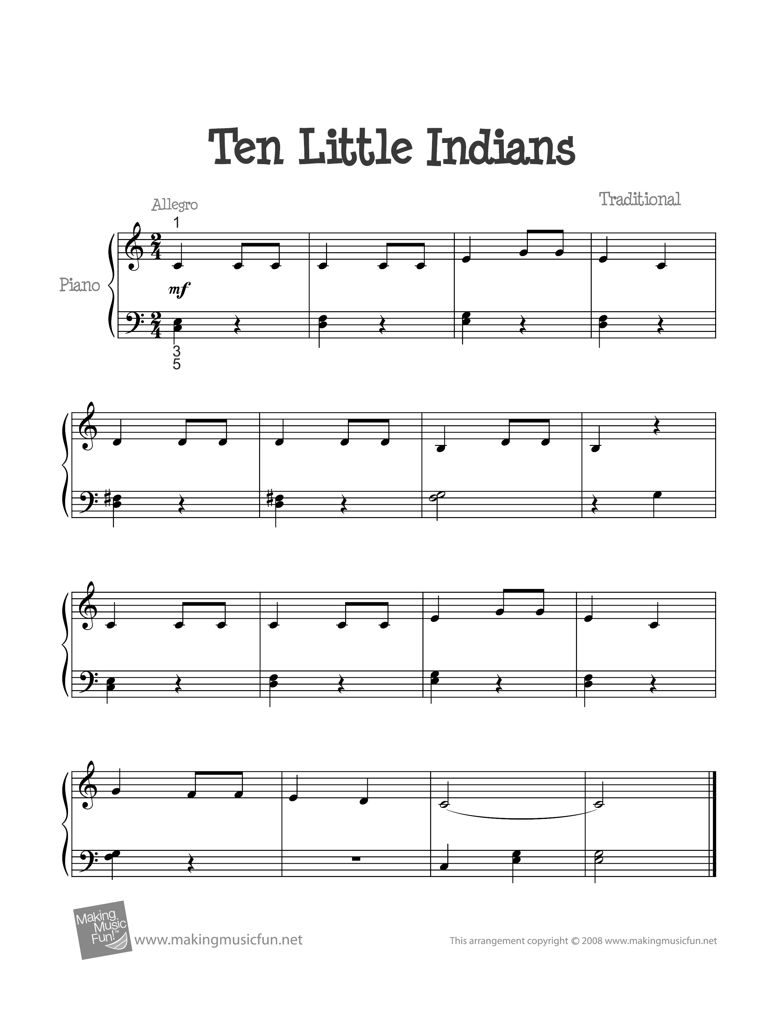 Kid songs-Ten Little Indians Sheet Music pdf, (童謡) - Free Score Download ★