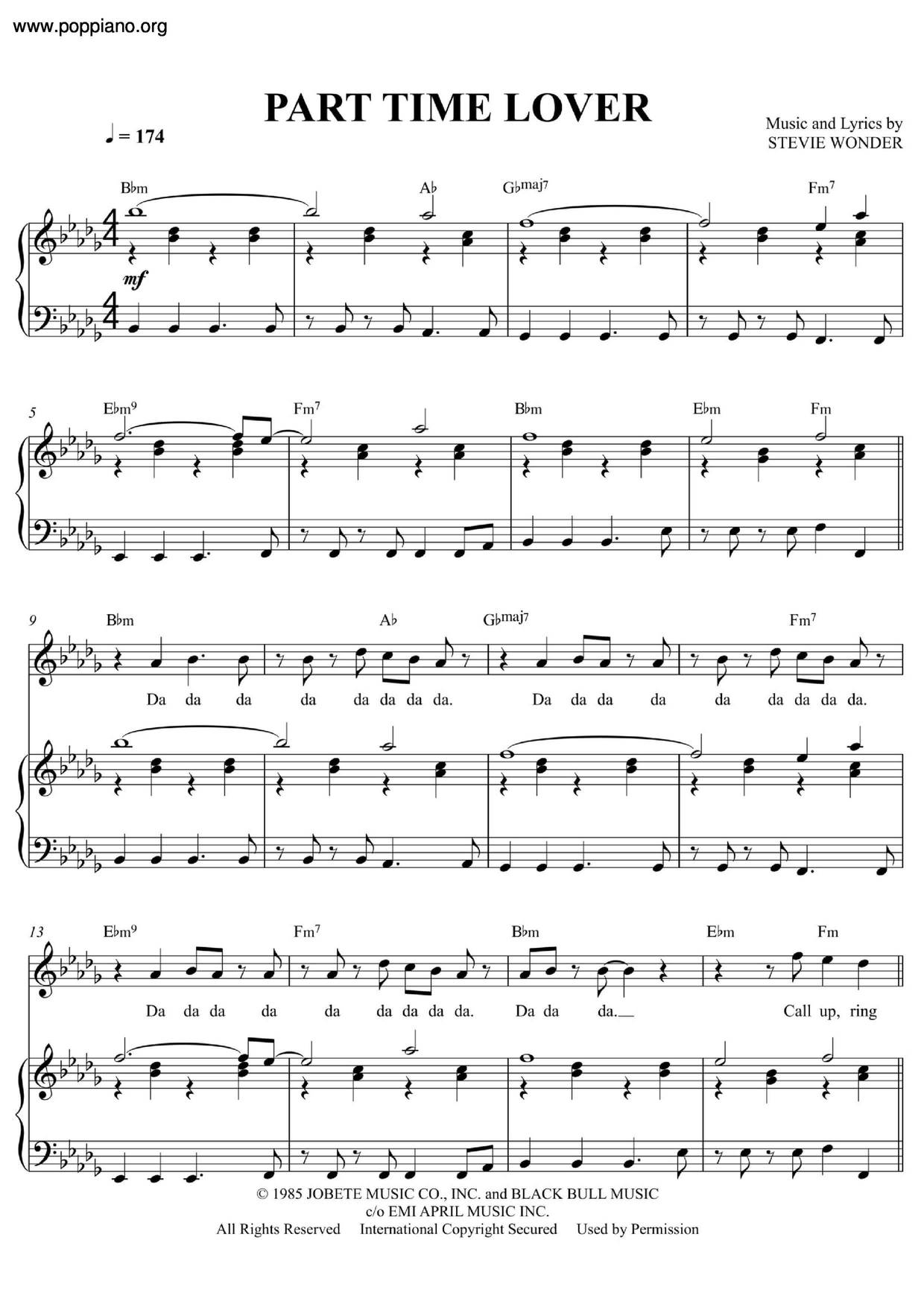 ★Stevie Wonder - Part Time Lover ピアノ譜pdf- 香港ポップピアノ協会 無料PDF楽譜ダウンロード gakufu