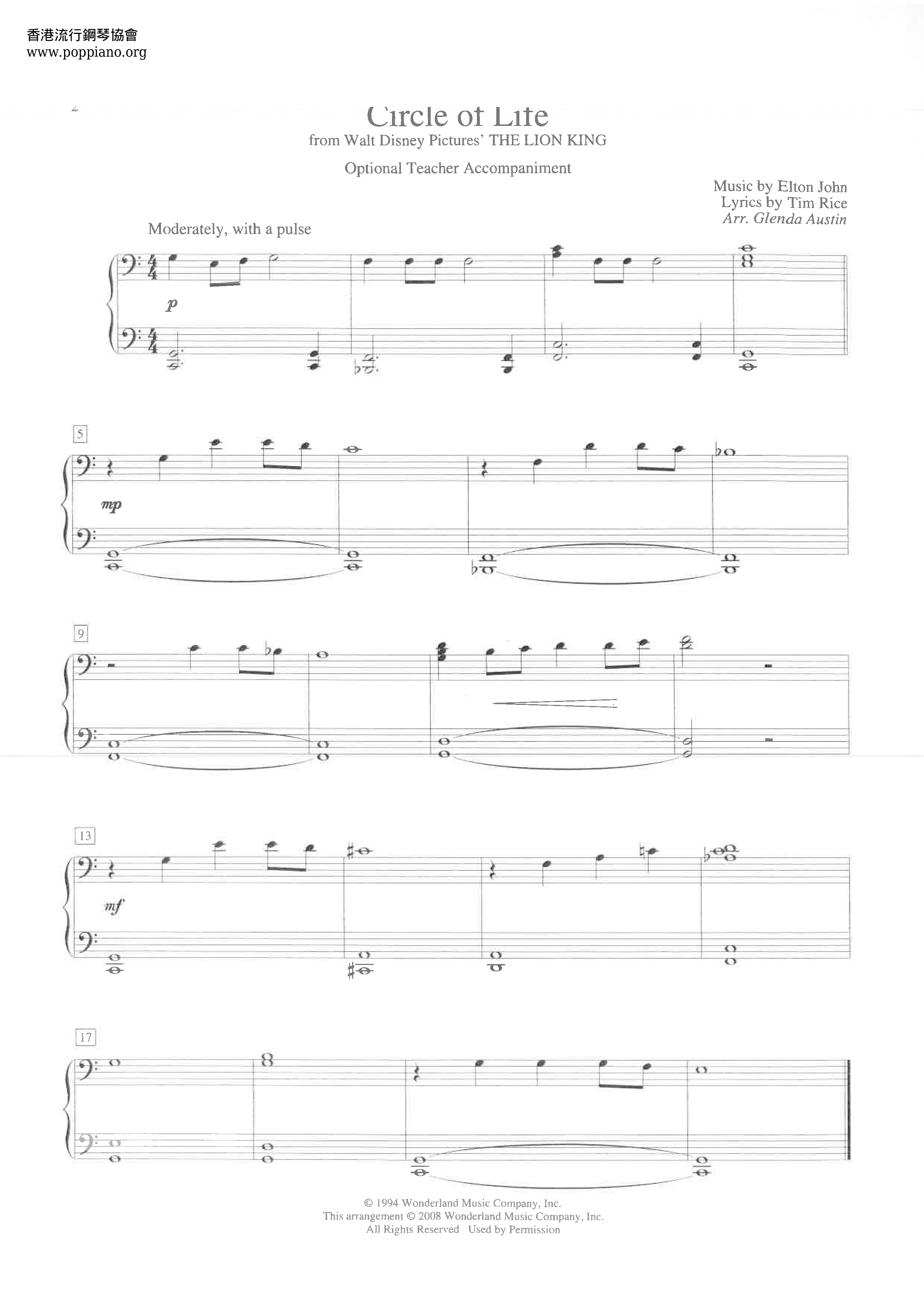 Elton John-The Lion King - Circle Of Life Sheet Music pdf, - Free Score ...