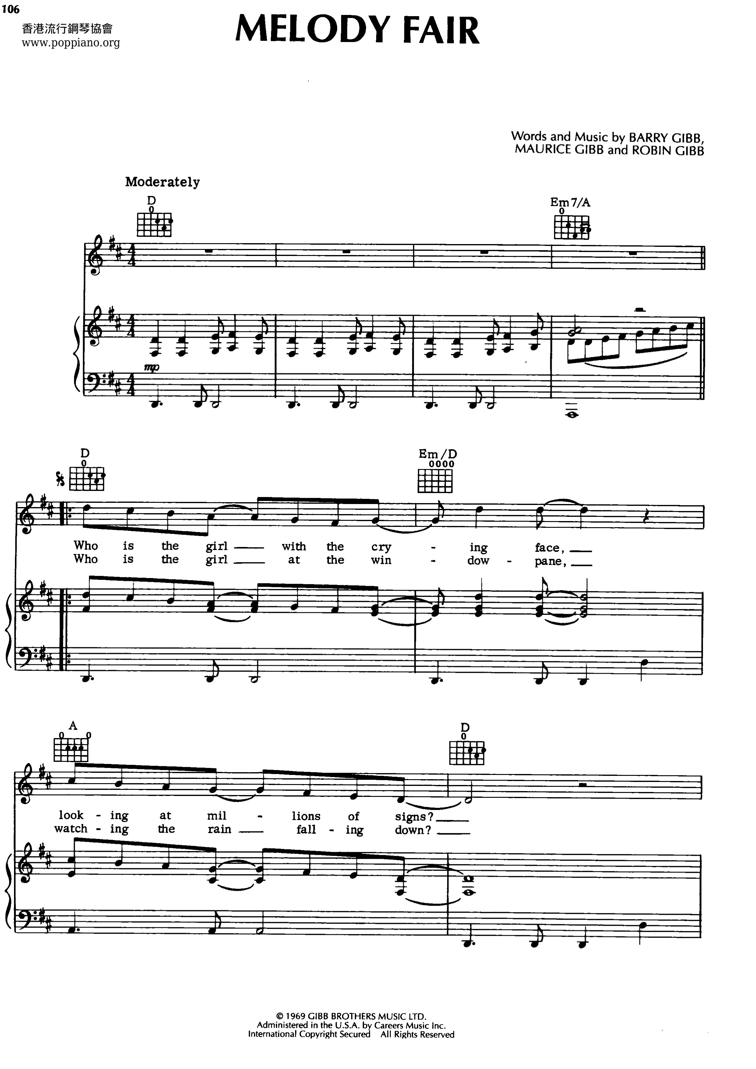 Bee Gees-Melody Fair Sheet Music pdf, - Free Score Download ★