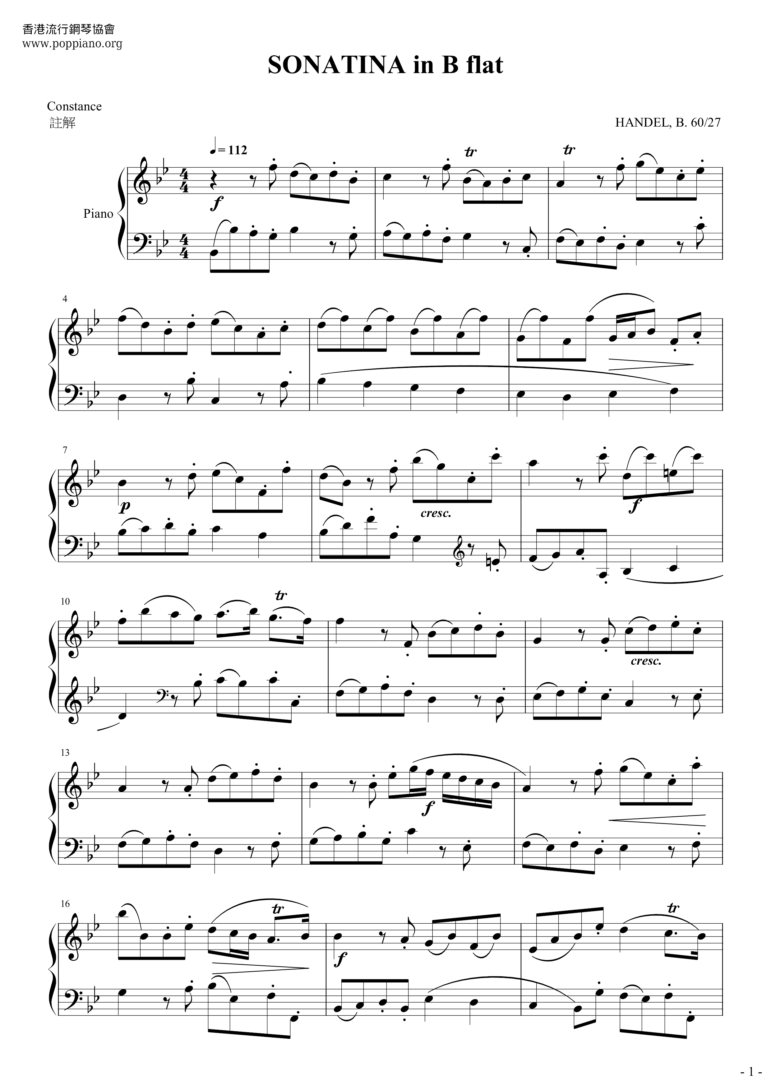 Georg Friedrich Handel-Sonatina In B Flat Sheet Music pdf, - Free Score ...