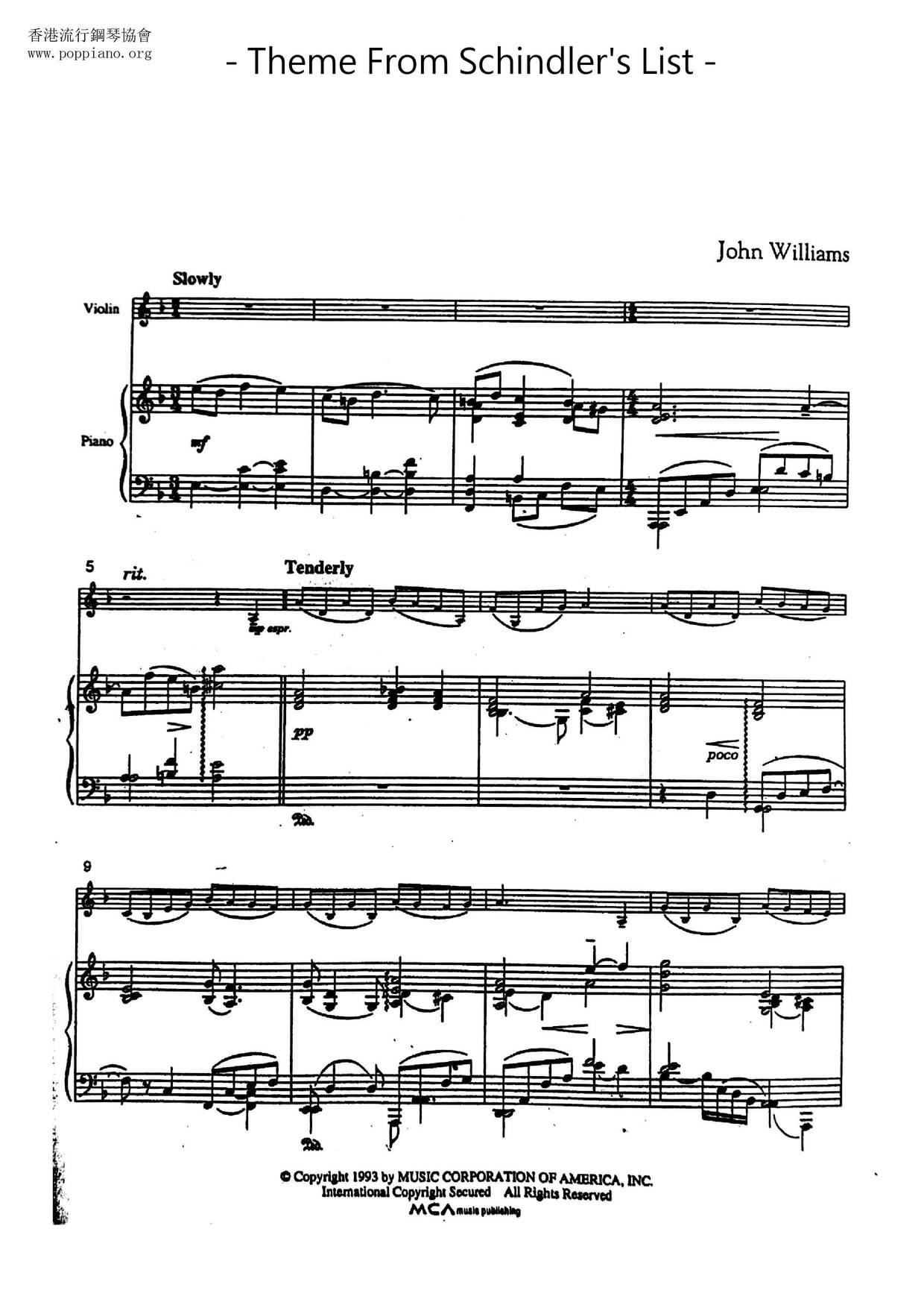 John Williams Theme From Schindlers List Sheet Music Pdf 辛德勒的名單 楽譜
