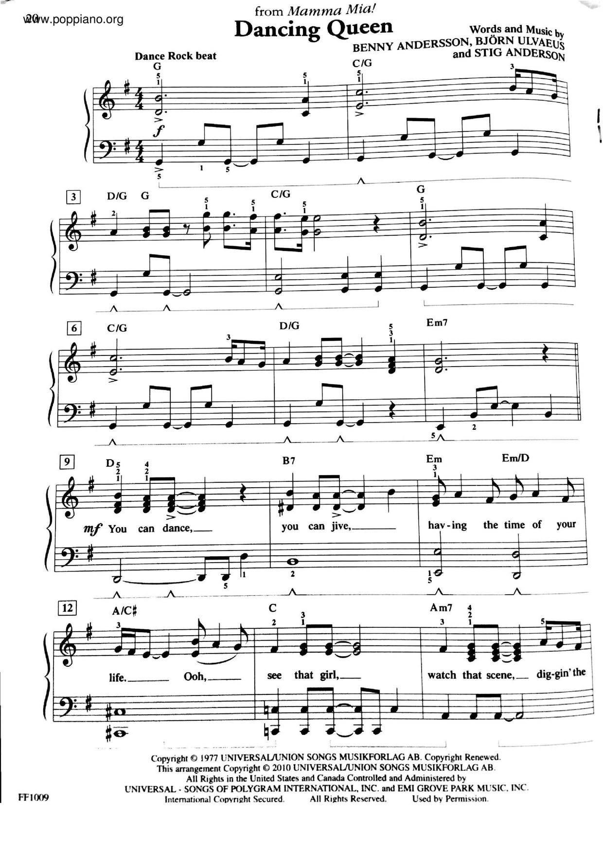 ABBA-Dancing Queen 琴譜/五線譜pdf-ダンシング・クイーン 楽譜-香港流行鋼琴協會琴譜下載 ★