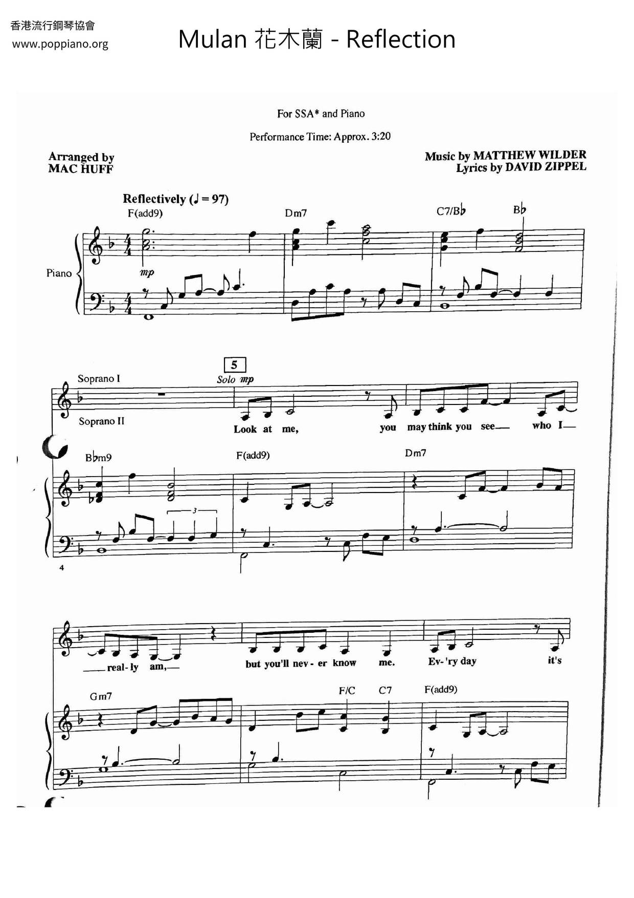 Christina Aguilera-Mulan - Reflection Sheet Music pdf, - Free Score ...
