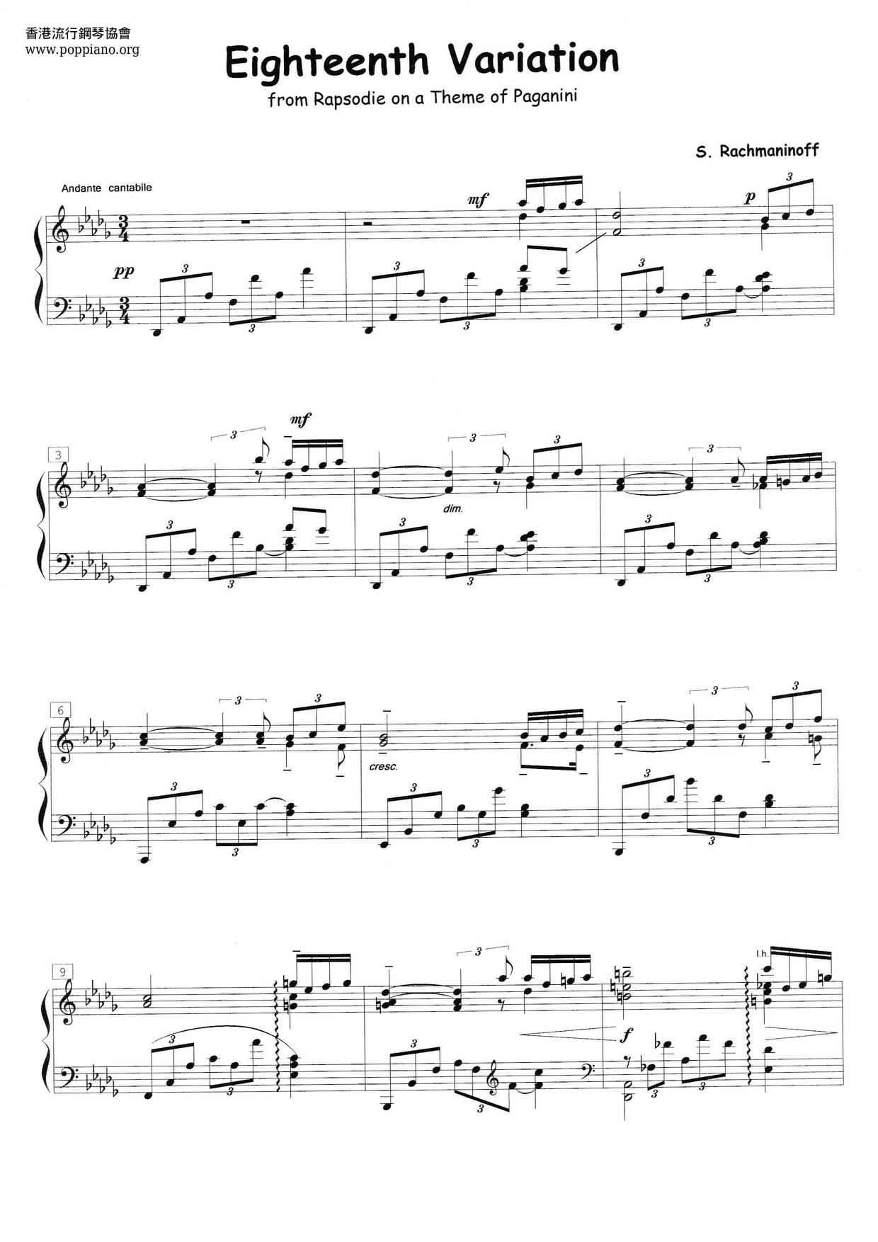 Rachmaninoff-18th Variation Sheet Music pdf, - Free Score Download ★