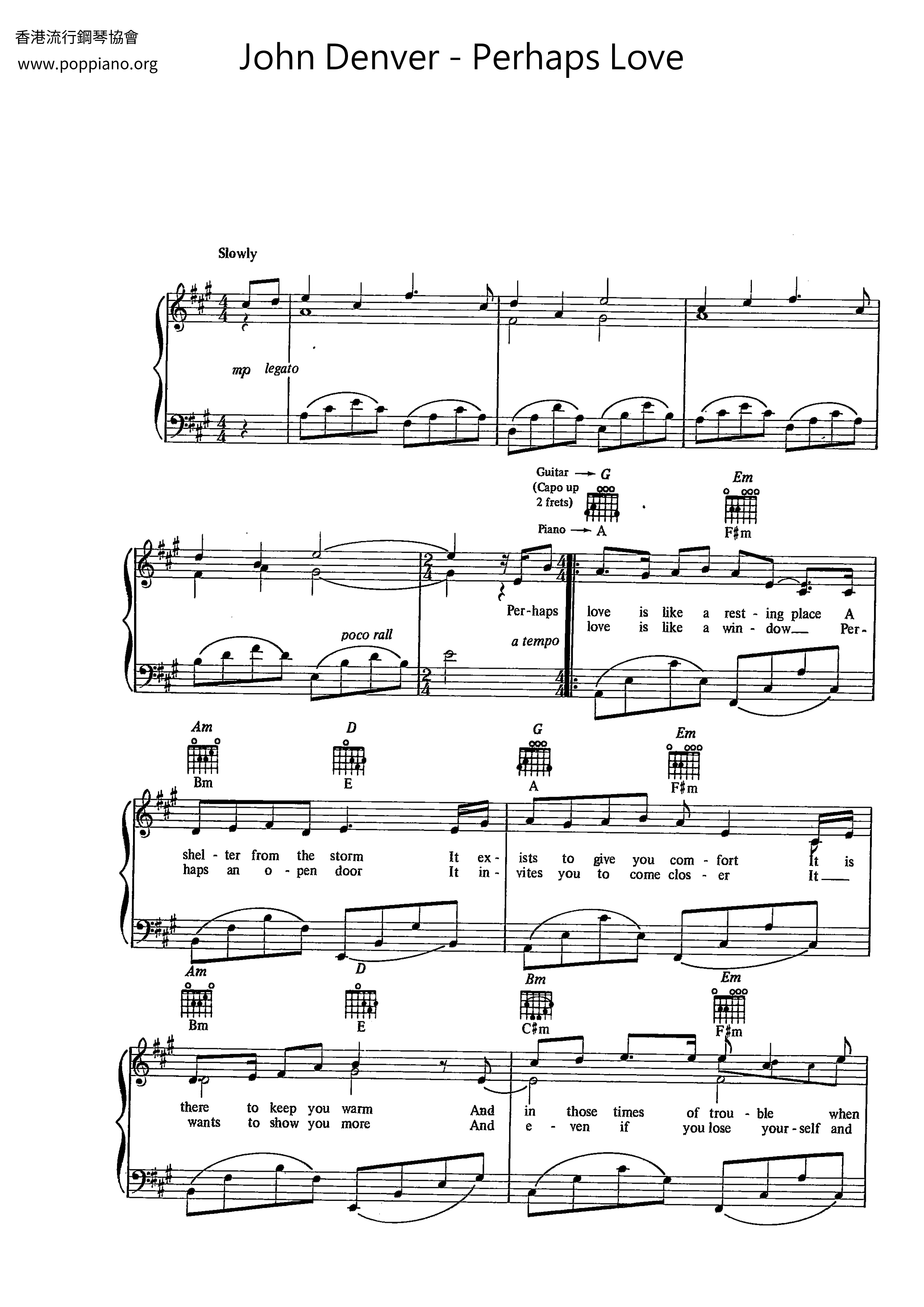 John Denver, Placido Domingo-Perhaps Love 琴譜/五線譜pdf-香港流行鋼琴協會琴譜下載 ★