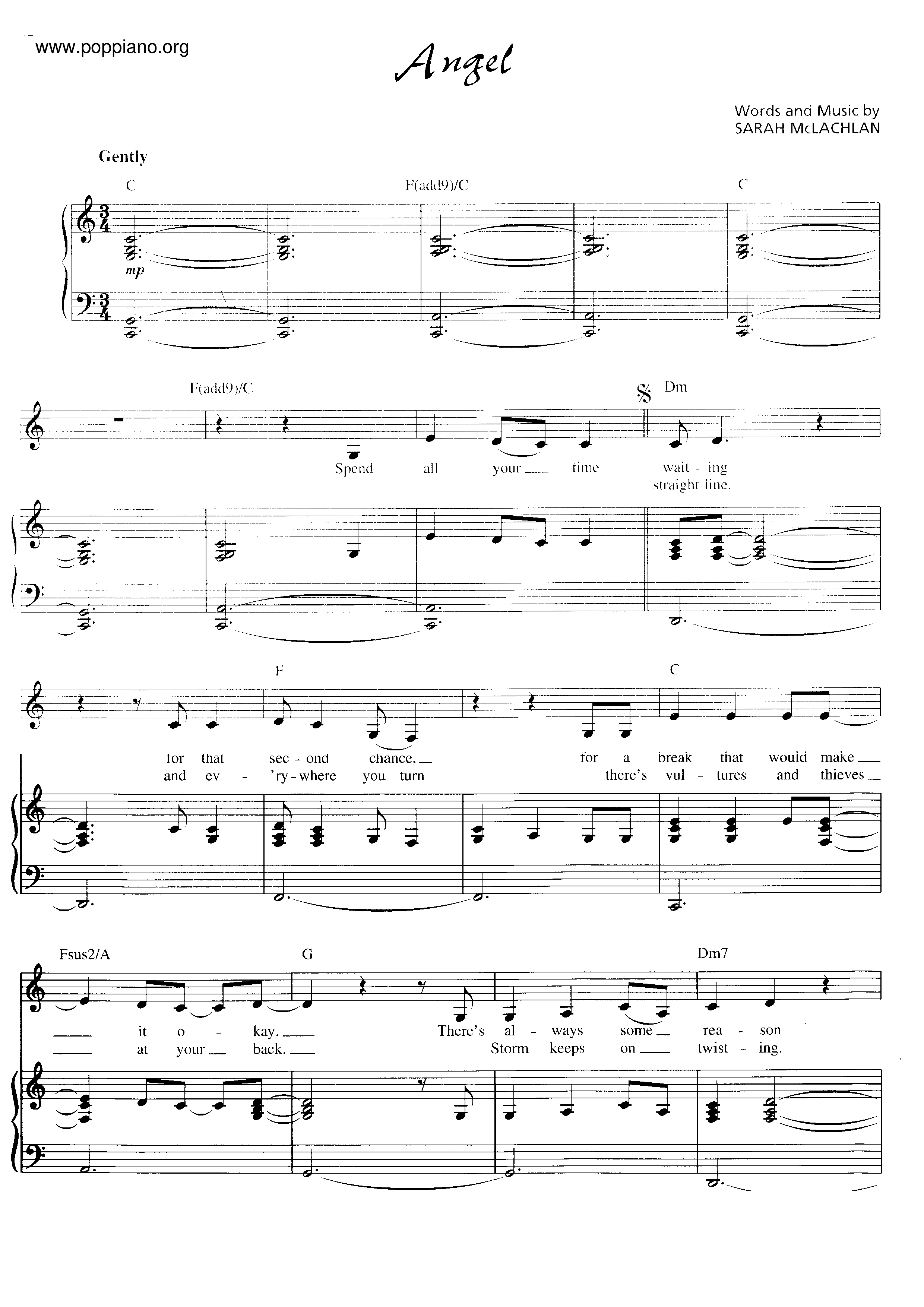 Sarah McLachlan-Angel 琴谱/五线谱pdf-香港流行钢琴协会琴谱下载 ★