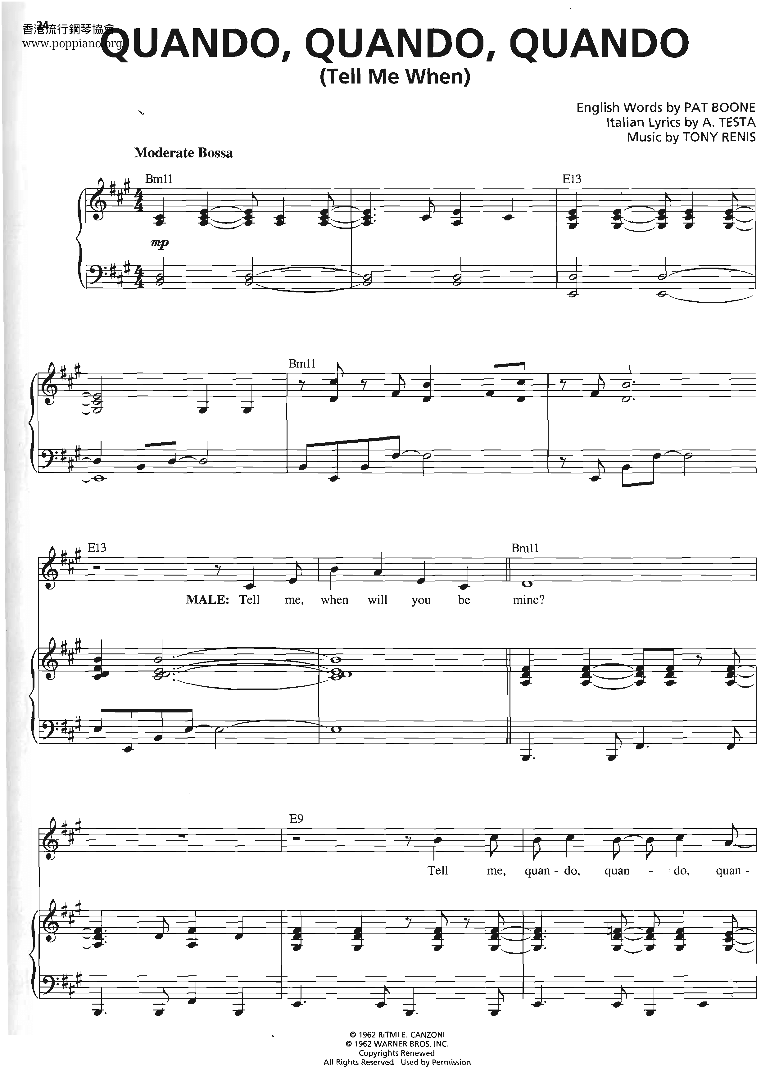 Tony Renis-Quando Quando Quando Violin Score pdf, - Free Score Download ★
