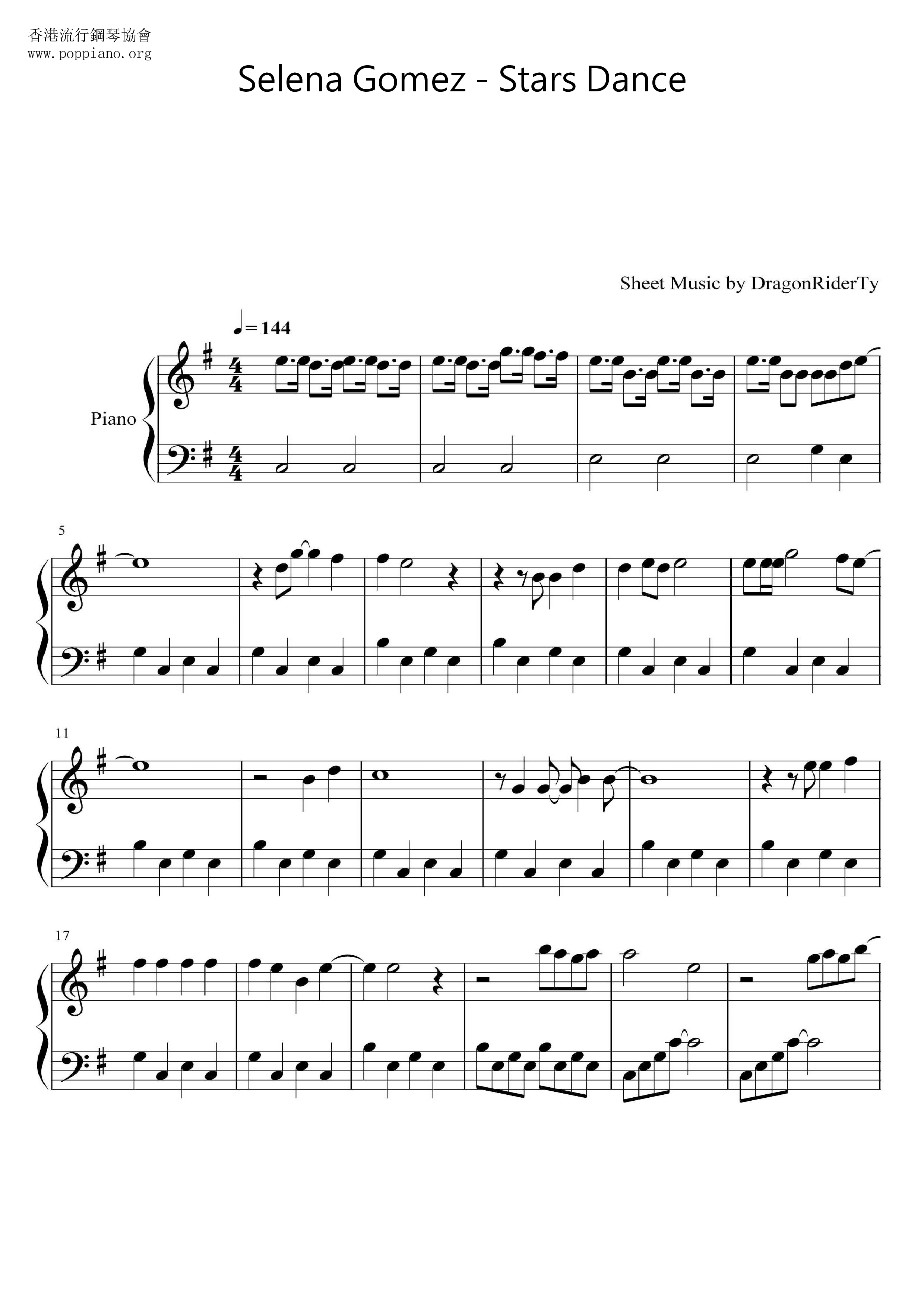 Selena Gomez-Stars Dance 琴谱/五线谱pdf-香港流行钢琴协会琴谱下载 ★