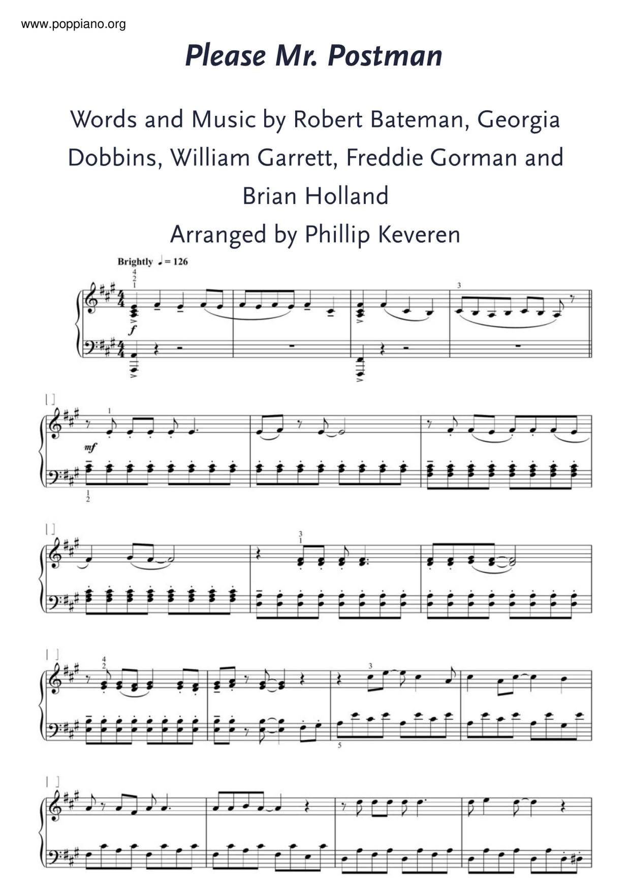 Carpenters-Please Mr. Postman 琴譜/五線譜pdf (カーペンターズ)-香港流行鋼琴協會琴譜下載 ★