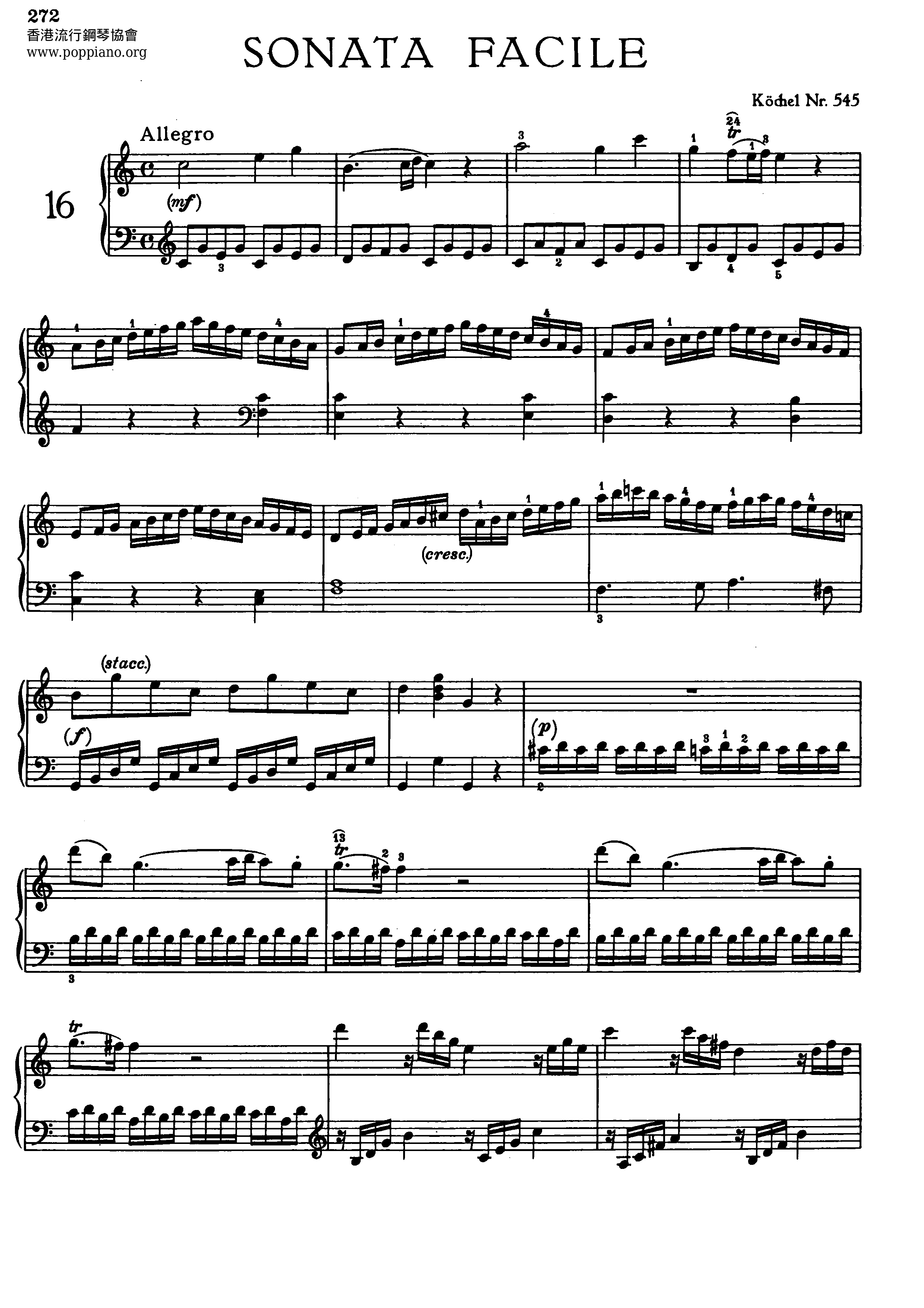 Wolfgang Amadeus Mozart Piano Sonata No 16 K 545 1st Movt 琴譜 五線譜pdf