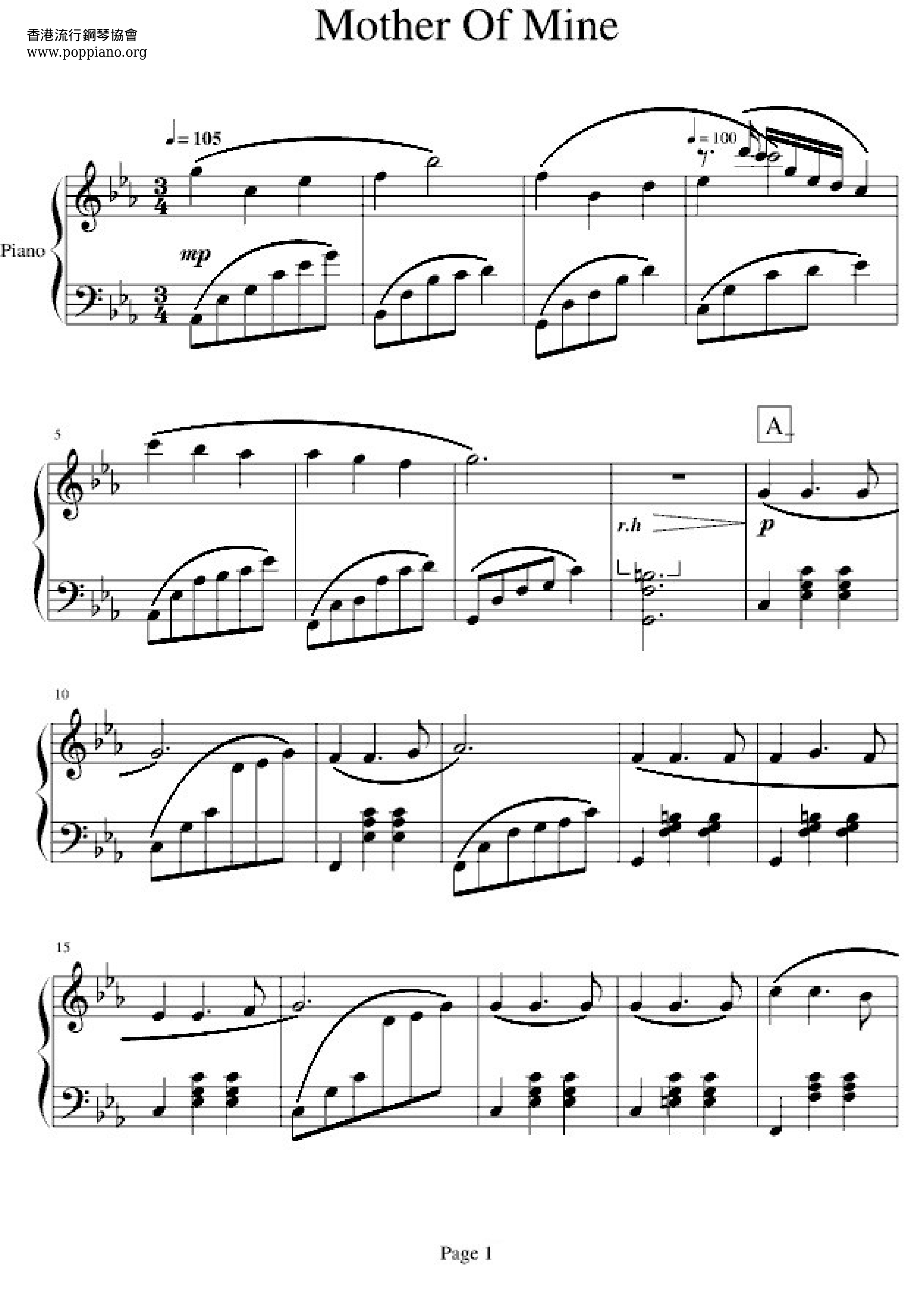 Neil Reid-我想念你，媽媽 (Mother Of Mine) Sheet Music pdf, - Free Score Download ★