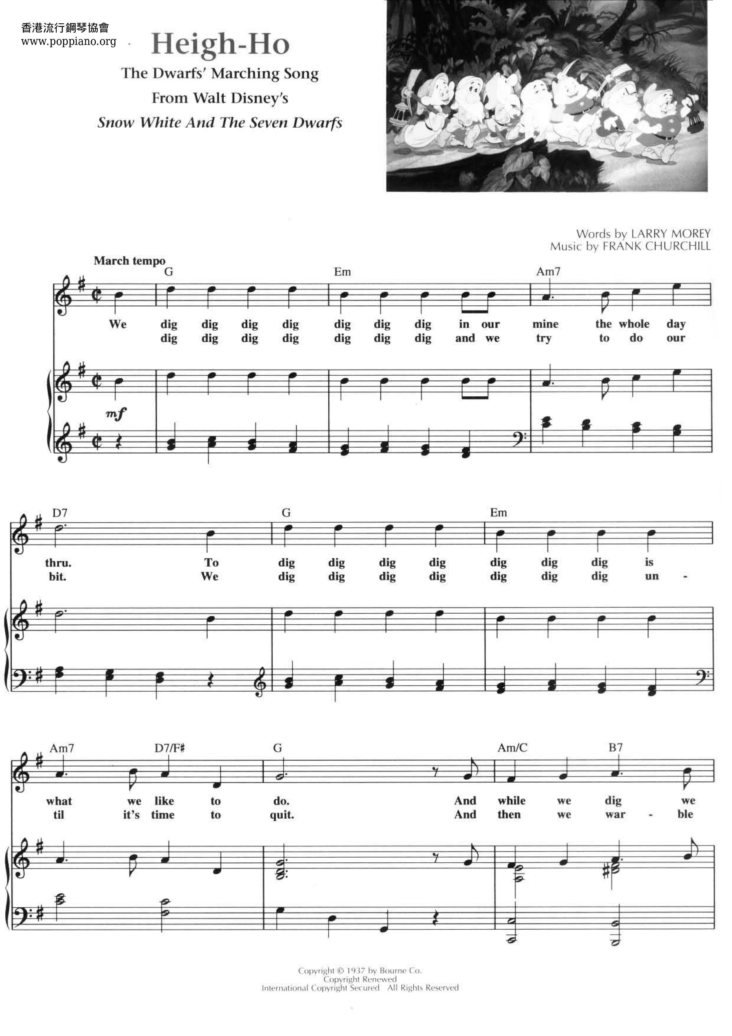 Snow White And The Seven Dwarfs-Heigh-Ho 琴譜pdf-香港流行鋼琴協會琴譜下載 ★
