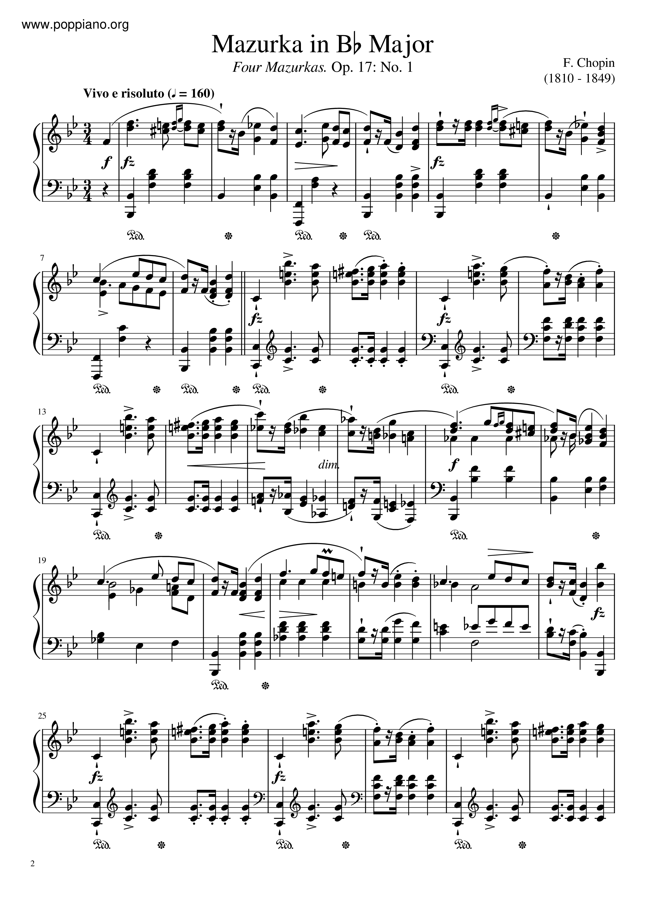 Frederic Chopin-Mazurka In B-Flat Major, Op. 17 No. 1 琴谱/五线谱pdf-香港流行钢琴 ...