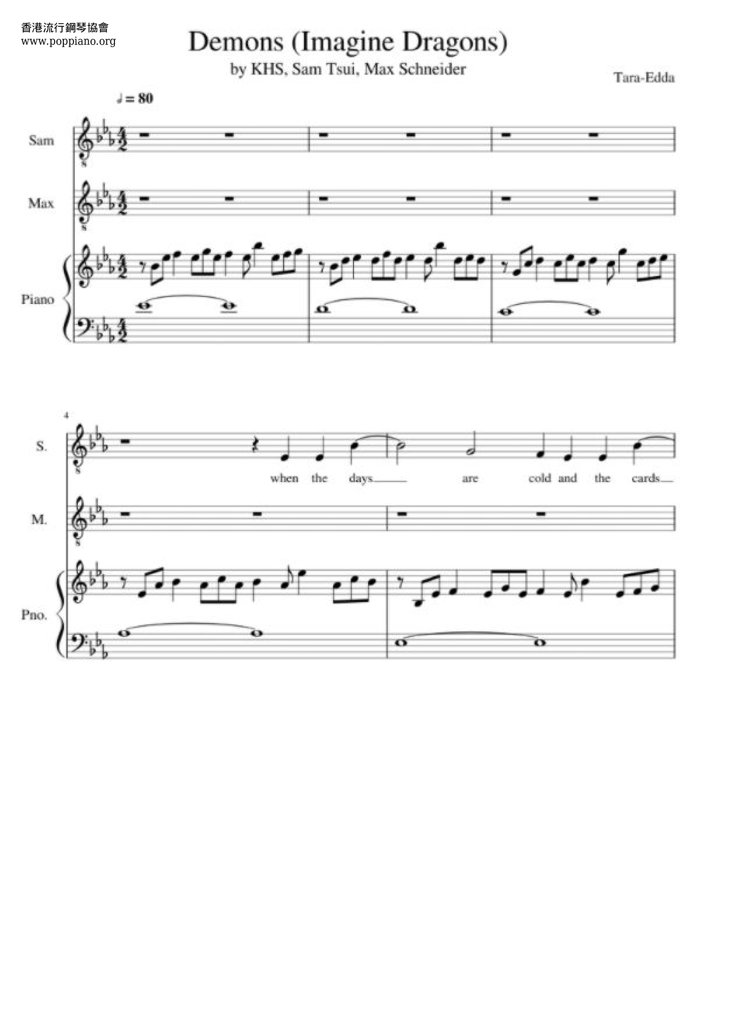 Imagine Dragons Demons Sheet Music