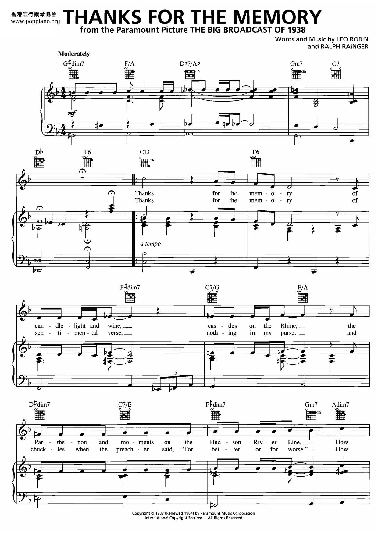 The Big Broadcast Of 1938-Thanks For The Memory Sheet Music pdf, - Free ...