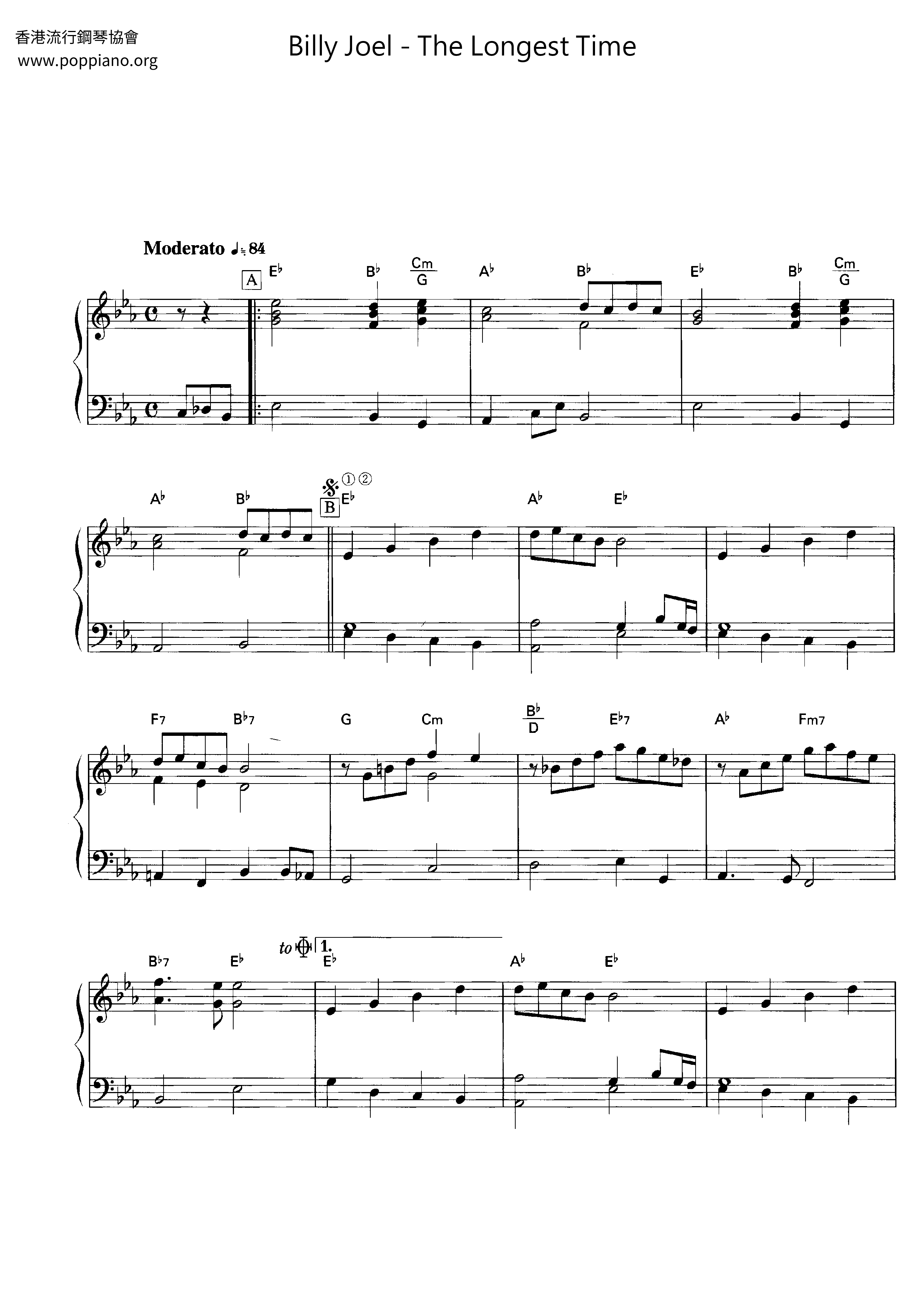 Billy Joel-The Longest Time 琴譜/五線譜pdf-香港流行鋼琴協會琴譜下載 ★