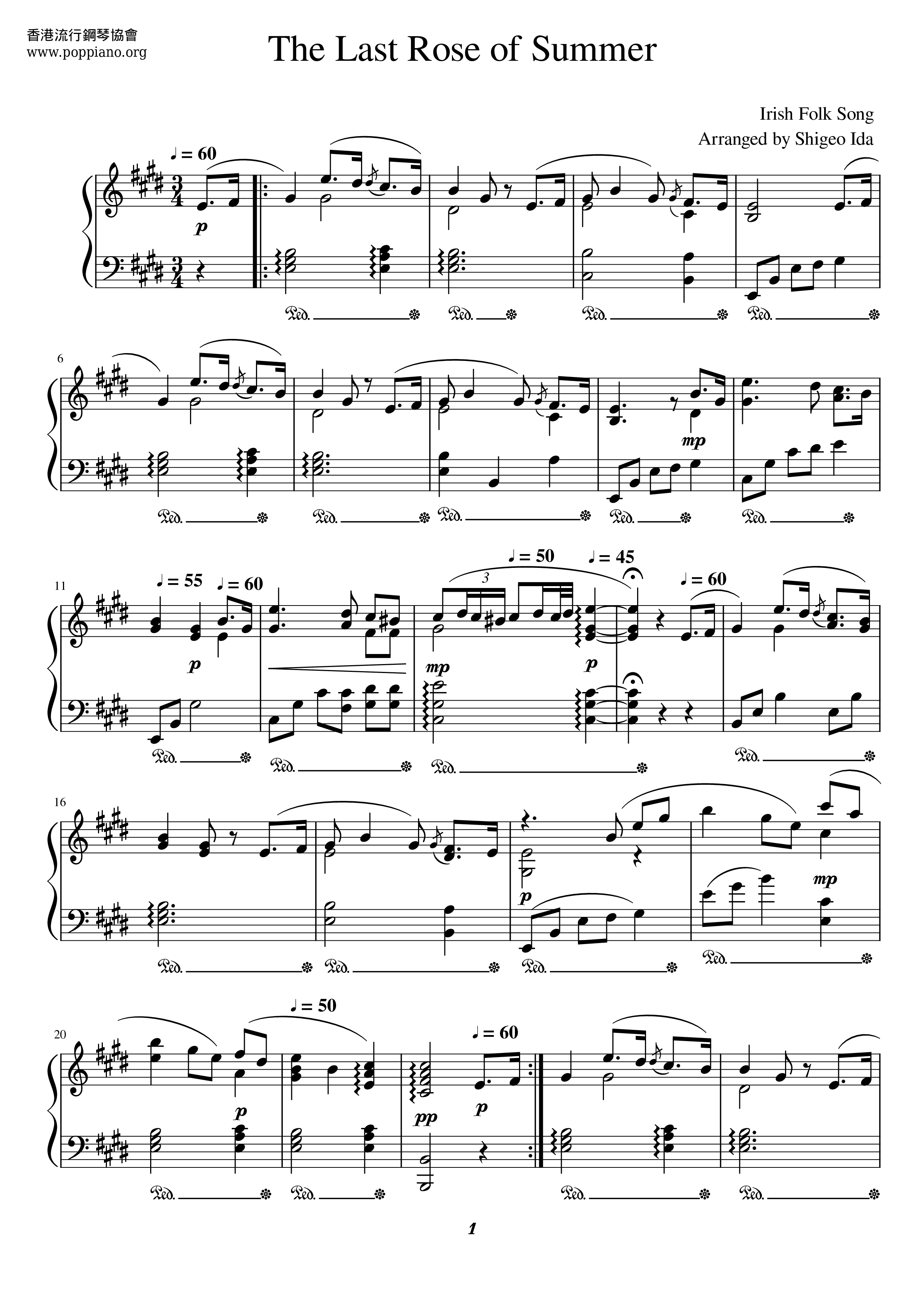 Thomas Moore-The Last Rose Of Summer 琴谱/五线谱pdf-香港流行钢琴协会琴谱下载 ★