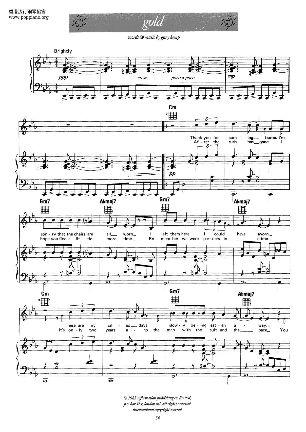 Spandau Ballet-Gold Sheet Music pdf, - Free Score Download ★
