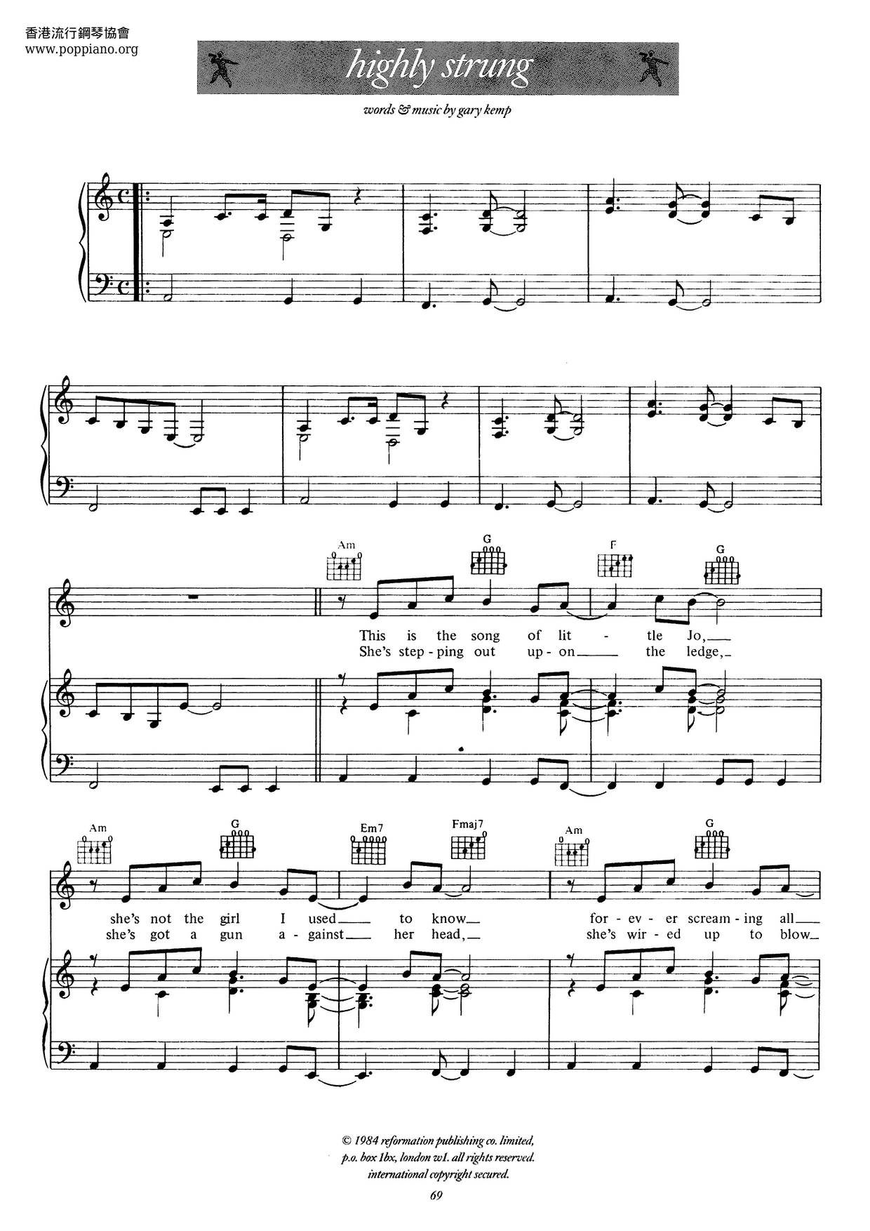 Spandau Ballet-Highly Strung Sheet Music pdf, - Free Score Download ★
