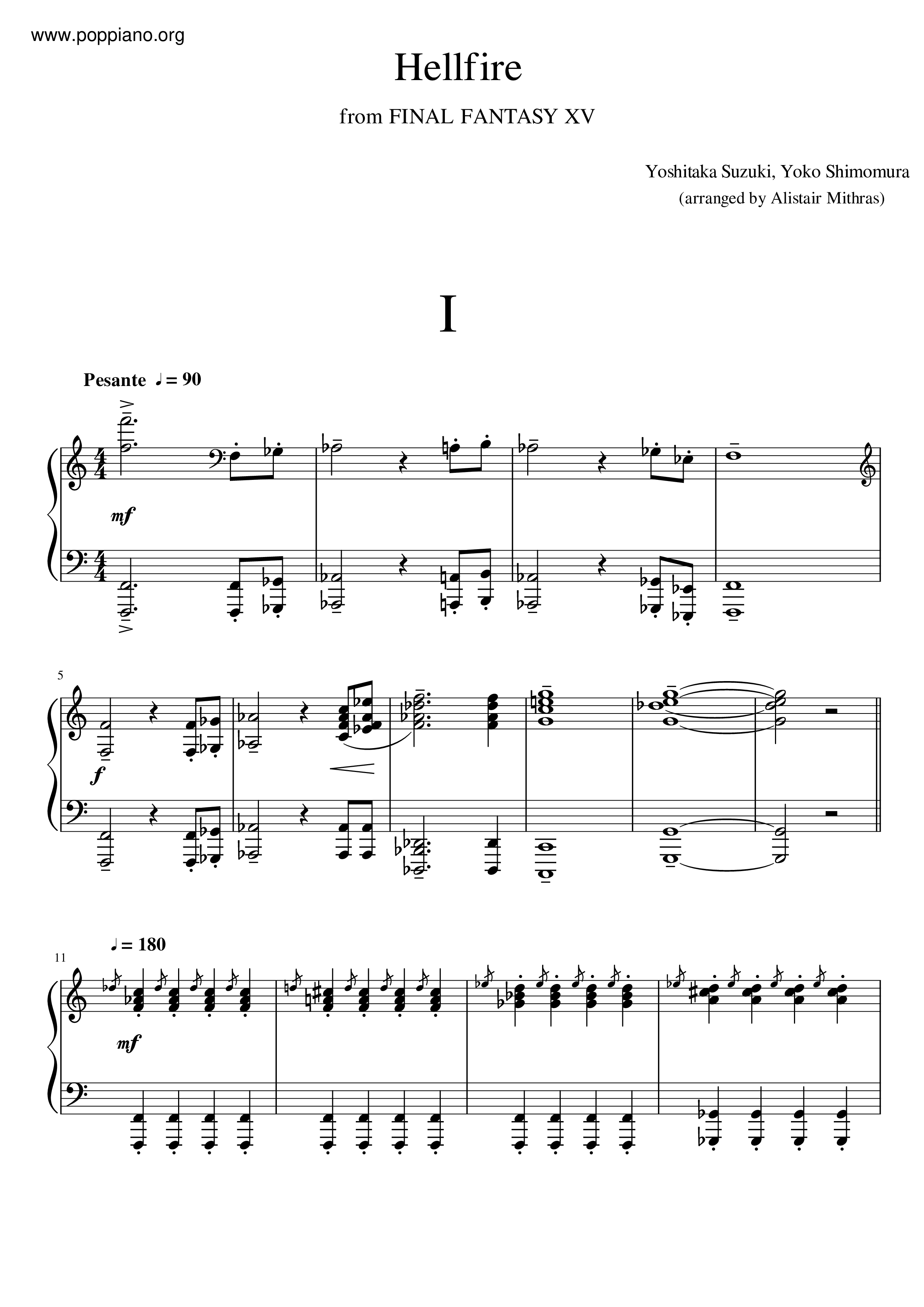 ★ファイナルファンタジーXV - Hellfire ピアノ譜pdf- 香港ポップピアノ協会 無料PDF楽譜ダウンロード gakufu