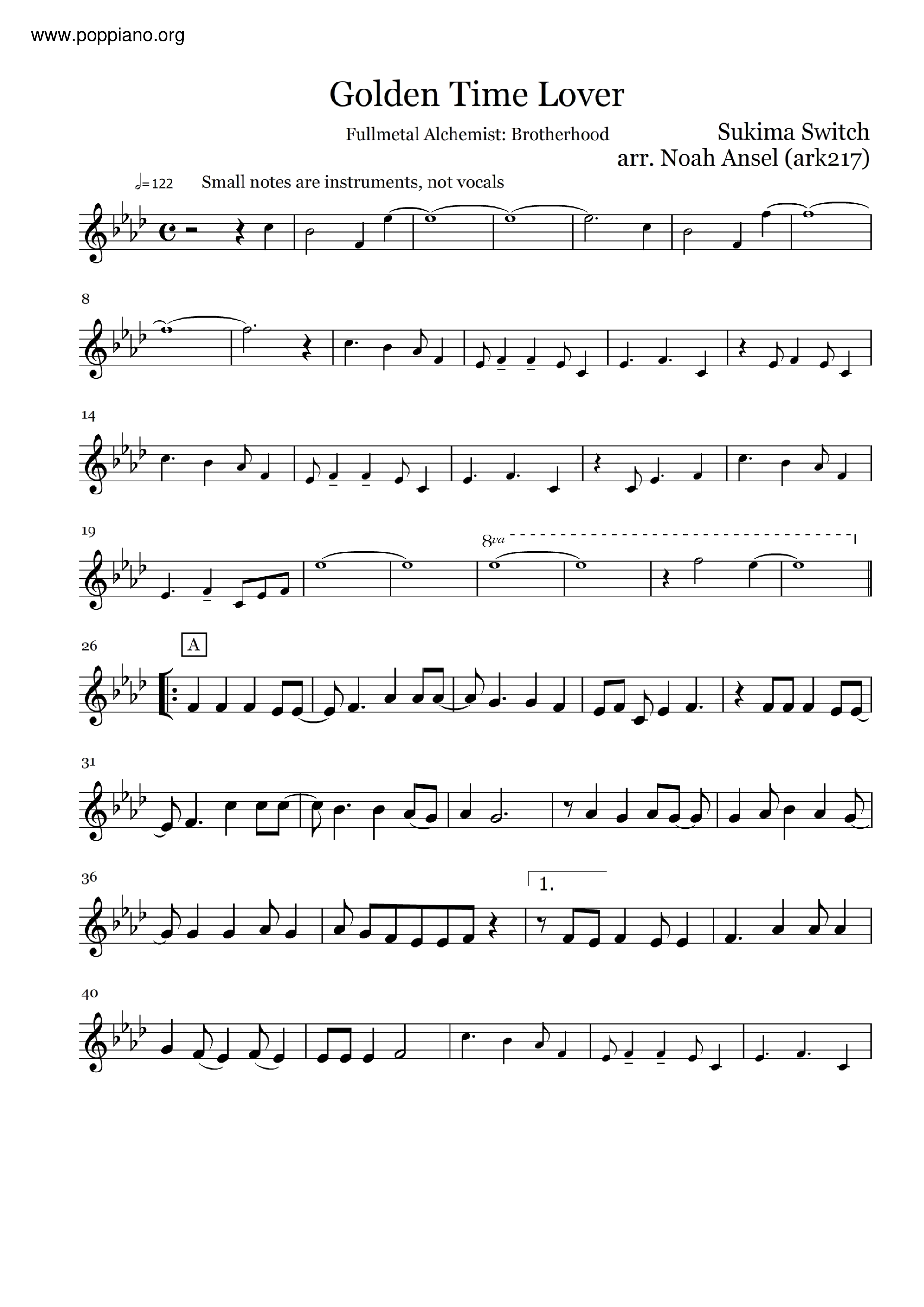 Fullmetal Alchemist: Brotherhood-Golden Time Lover Sheet Music pdf ...