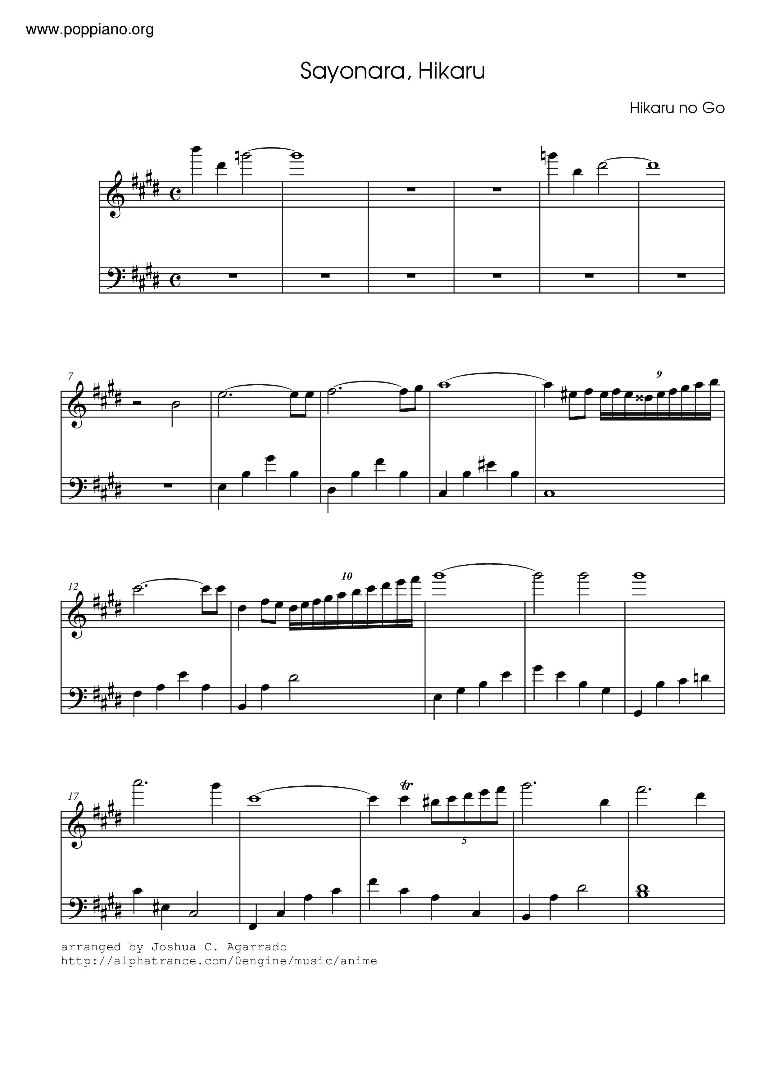 Hikaru No Go-Sayonara Hikaru Sheet Music pdf, - Free Score Download ★