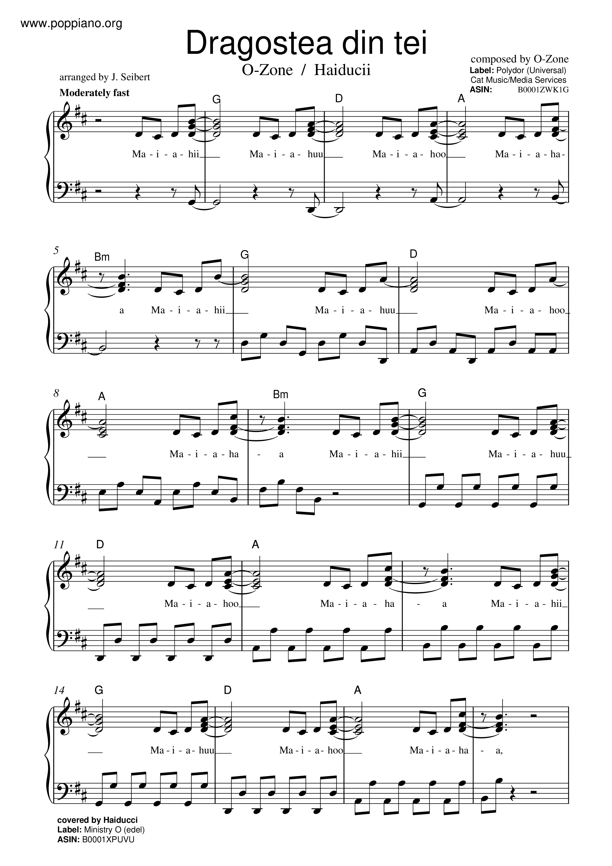 O-Zone, Haducii-Dragostea Din Tei Sheet Music pdf, - Free Score Download ★