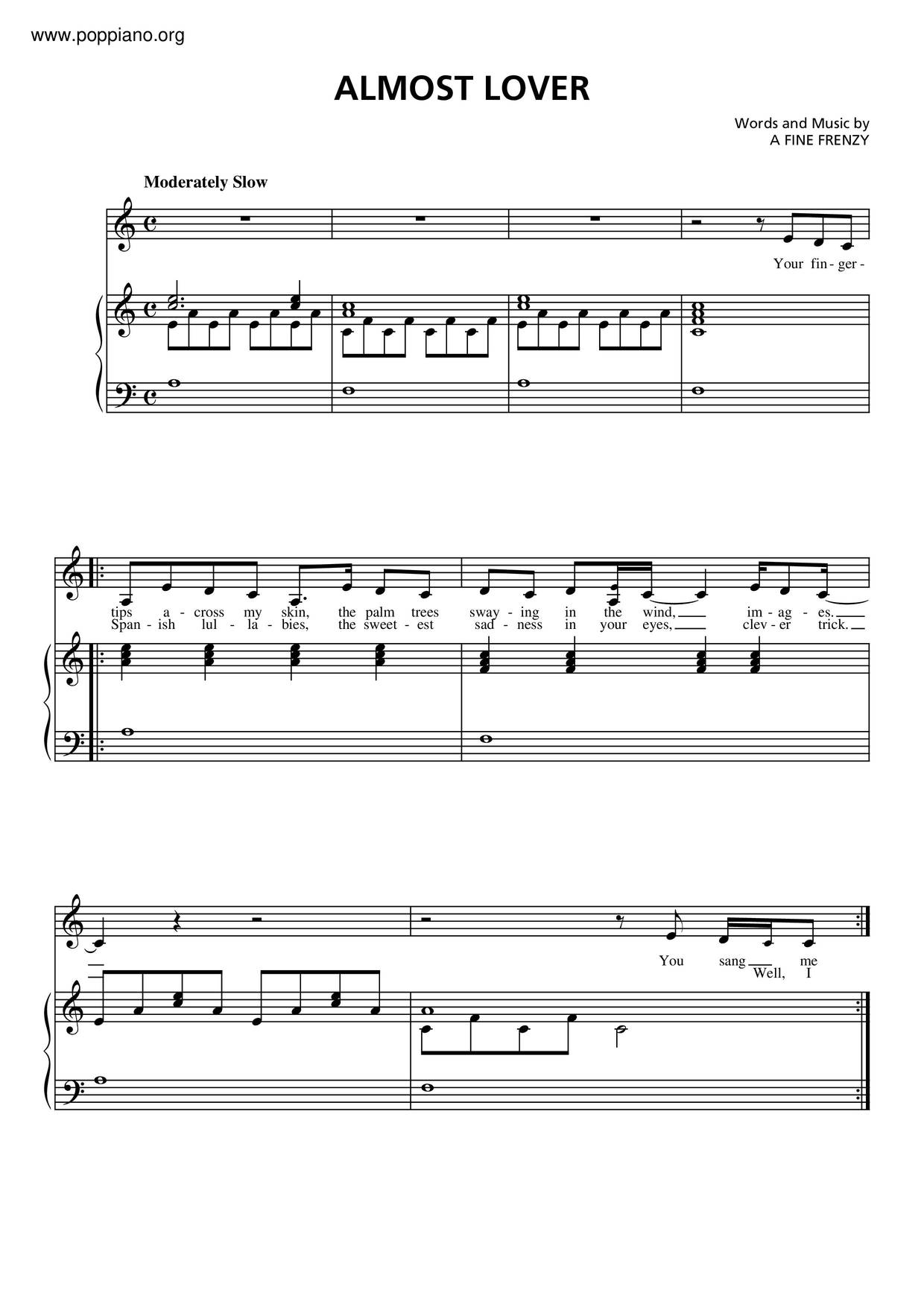 A Fine Frenzy-Almost Lover 琴谱/五线谱pdf-香港流行钢琴协会琴谱下载 ★