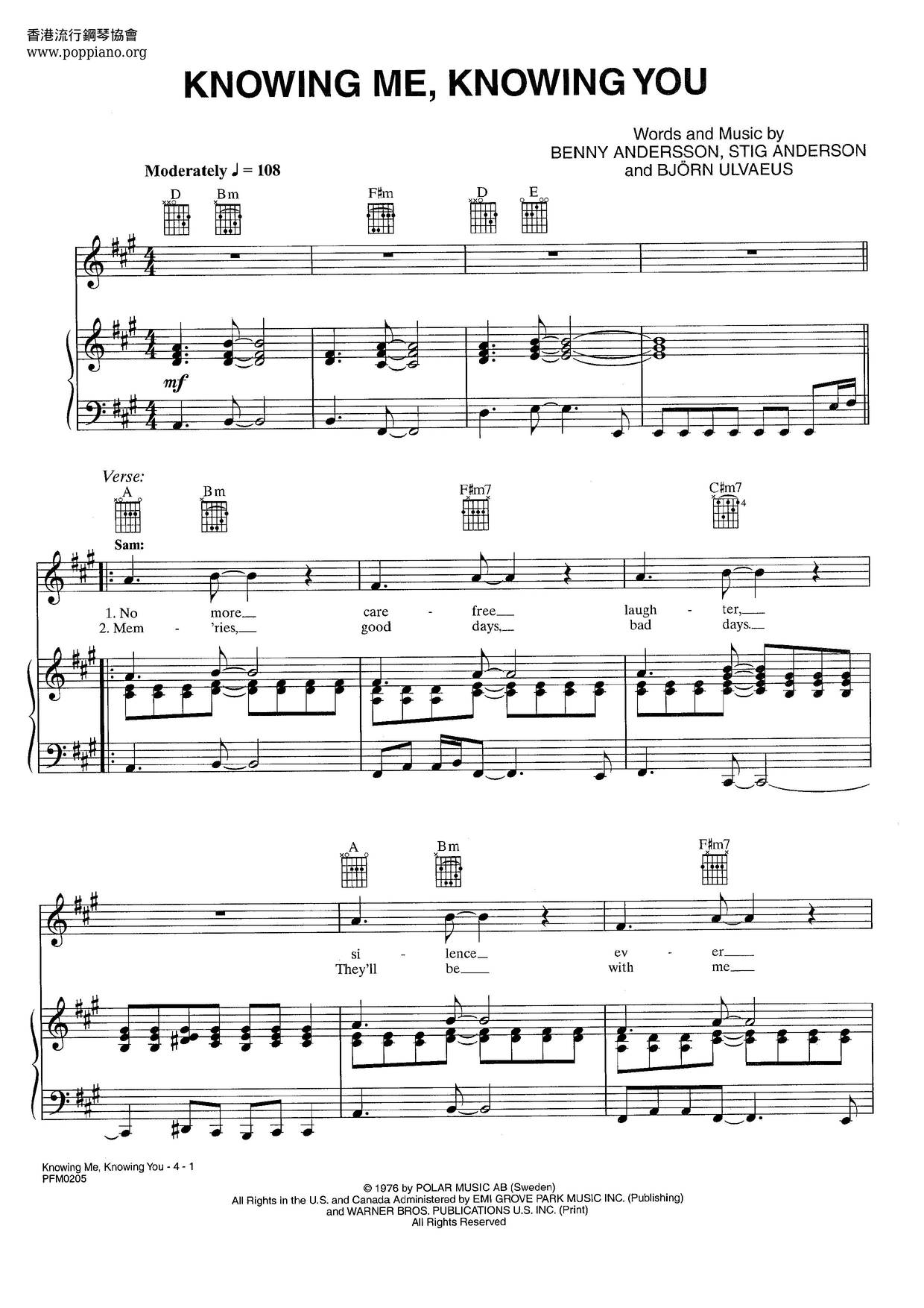 ABBA-Knowing Me, Knowing You 琴譜/五線譜pdf-香港流行鋼琴協會琴譜下載 ★