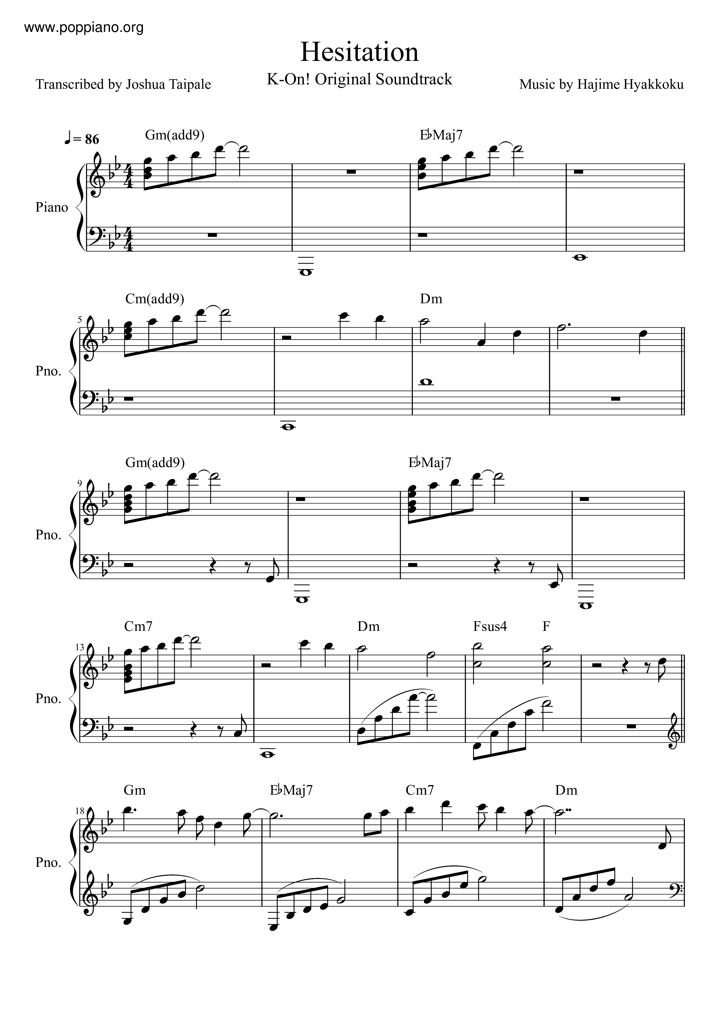 K-Hesitation 琴譜pdf-香港流行鋼琴協會琴譜下載 ★