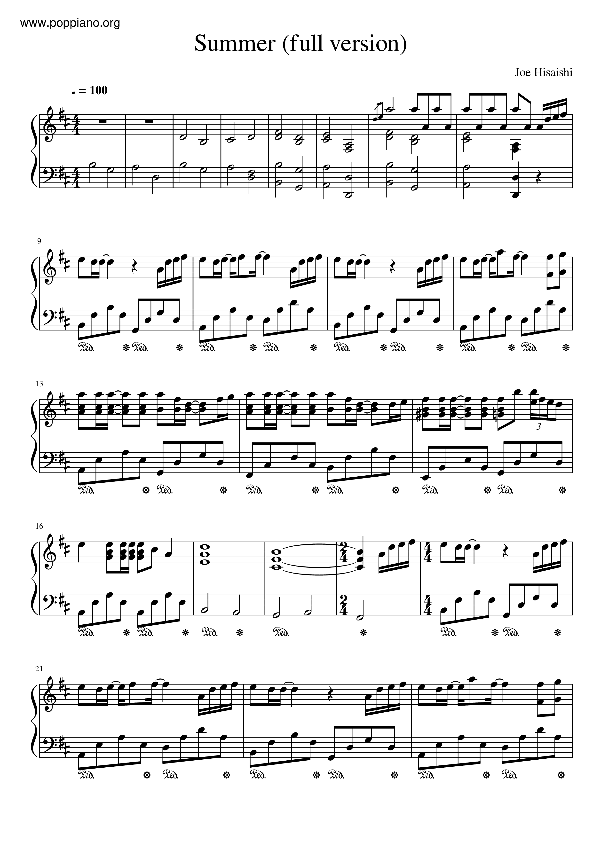 Summer - Sheet Music / Piano Score Free PDF Download - HK Pop Piano ...