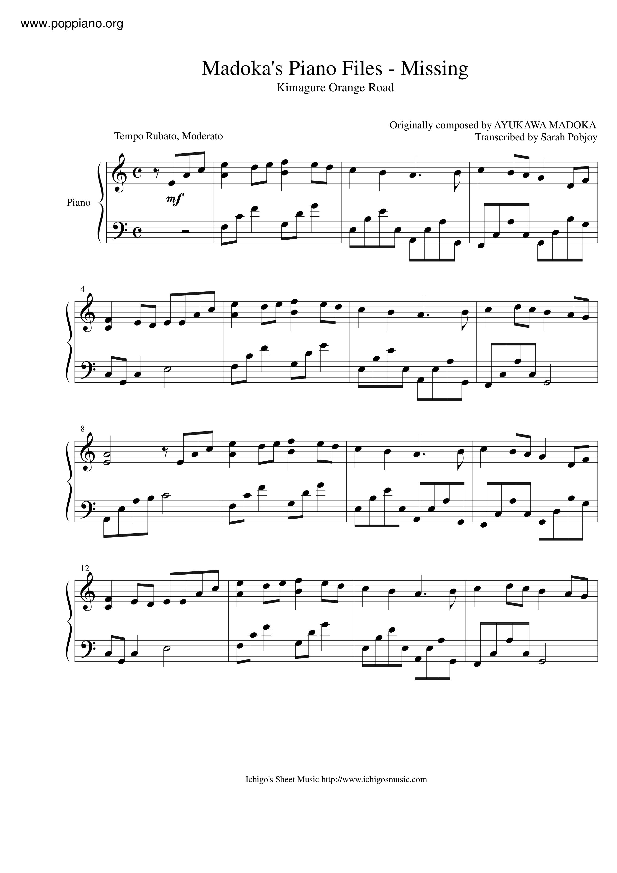 Kimagure Orange Road-Madoka's Piano Files - Missing Sheet Music pdf ...