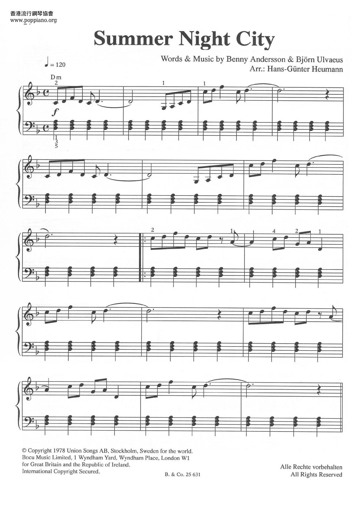ABBA-Summer Night City 琴譜pdf-香港流行鋼琴協會琴譜下載 ★